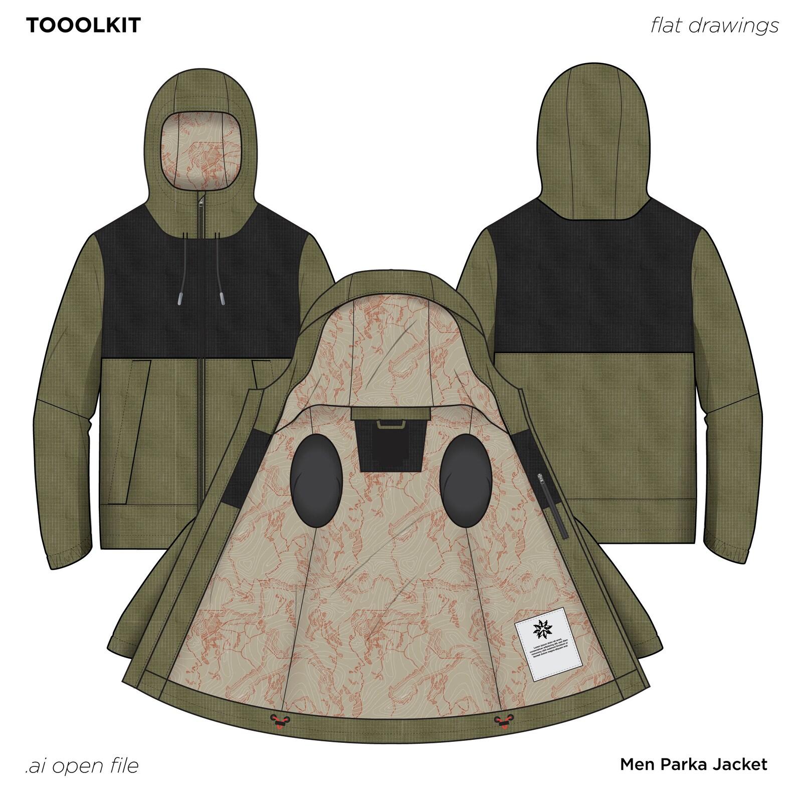 Men's Parka Jacket Vector Mockup: Fashion Illustrator Tech Pack (AI ...