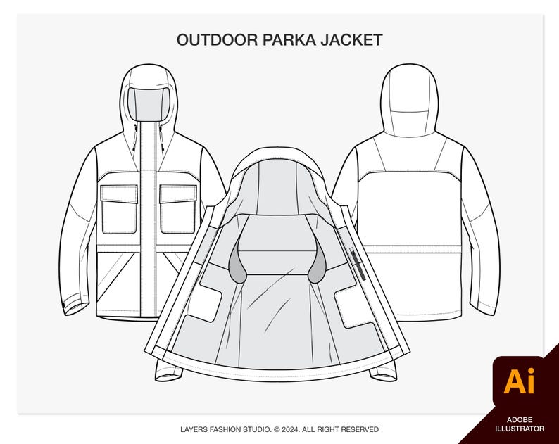 Editable Parka Jacket Tech Pack: AI Vector Flat Sketch (digital ...