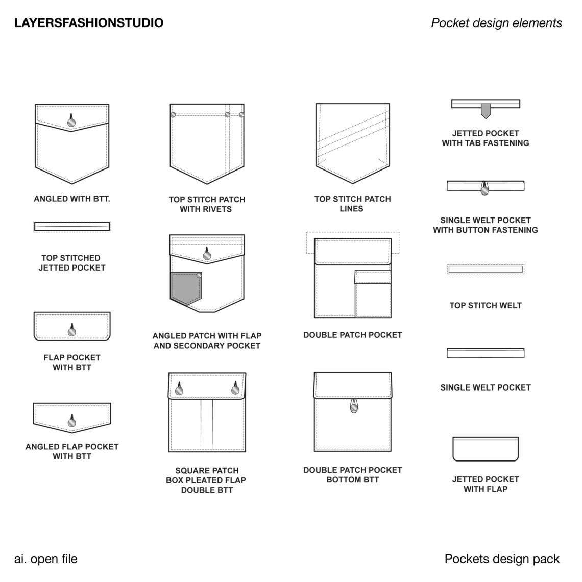 Pockets Pack Fashion Design Template - Flat Sketch Technical Drawing ...