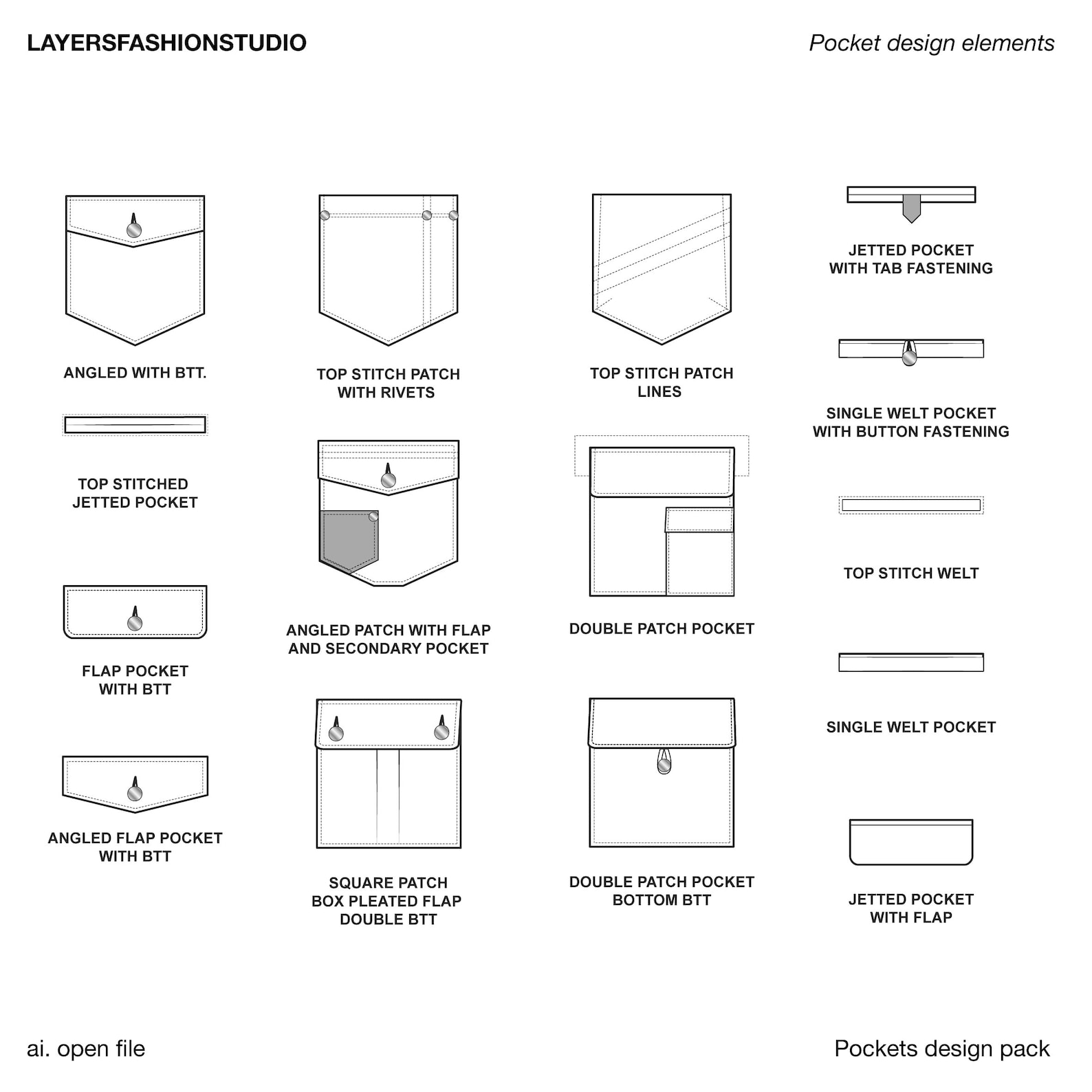 Pockets Pack Fashion Design Template - Flat Sketch Technical Drawing ...