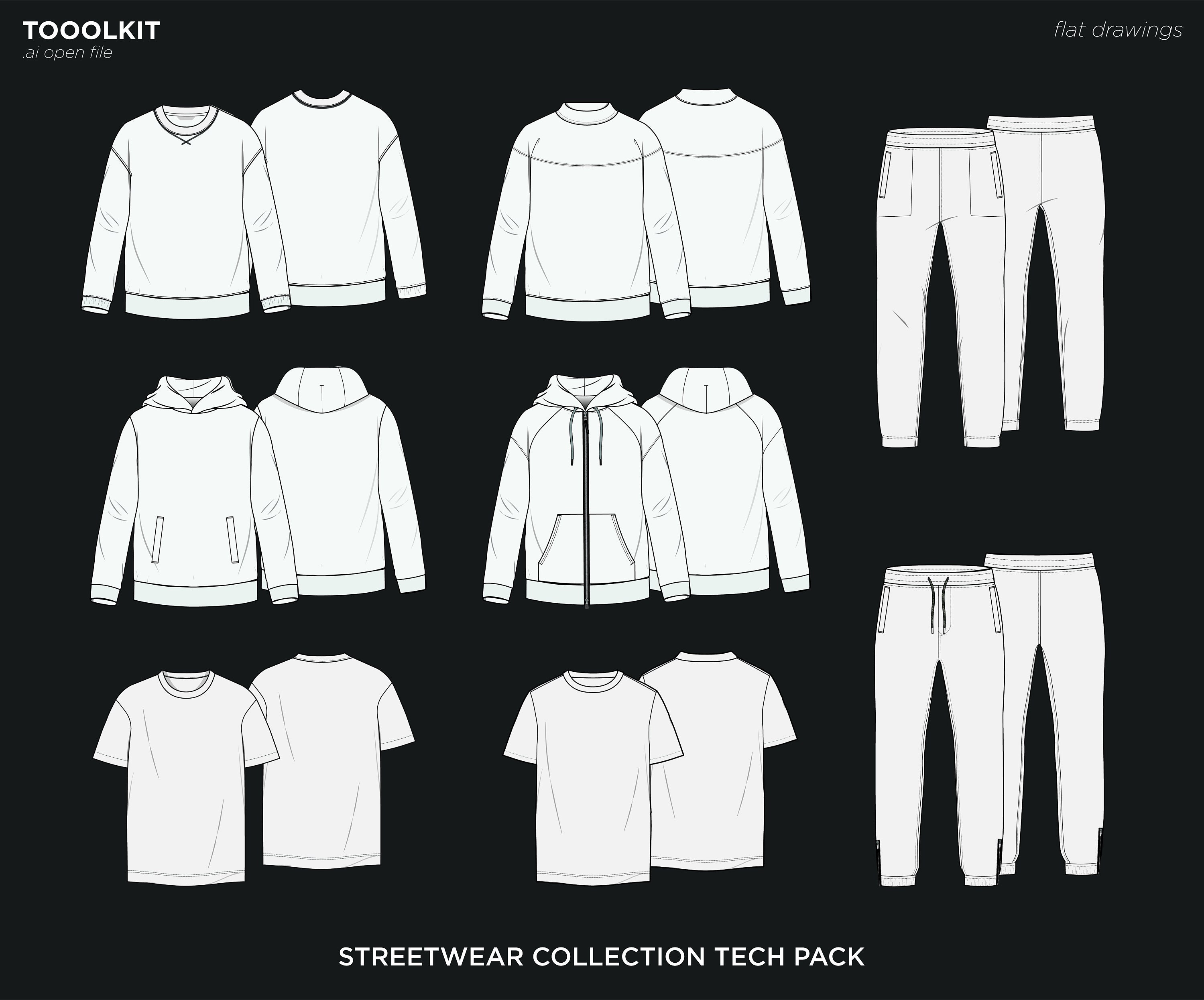 Streetwear Vector Mockup Pack Template Fashion Illustrator Tech Pack ...