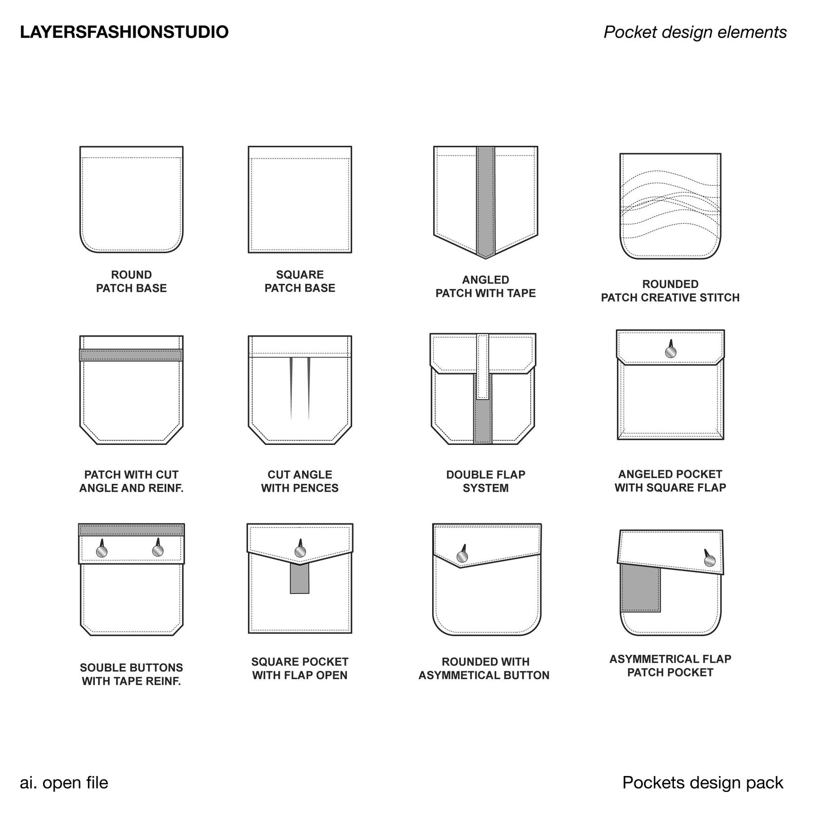 Pockets Pack Fashion Design Template - Flat Sketch Technical Drawing ...