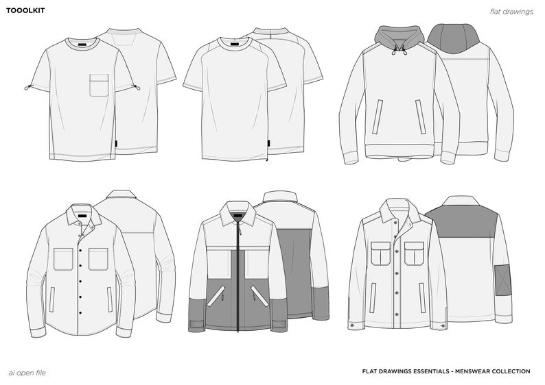 Flat Technical Drawings - Menswear COLLECTION I (12 B/W Vector Sketches ...