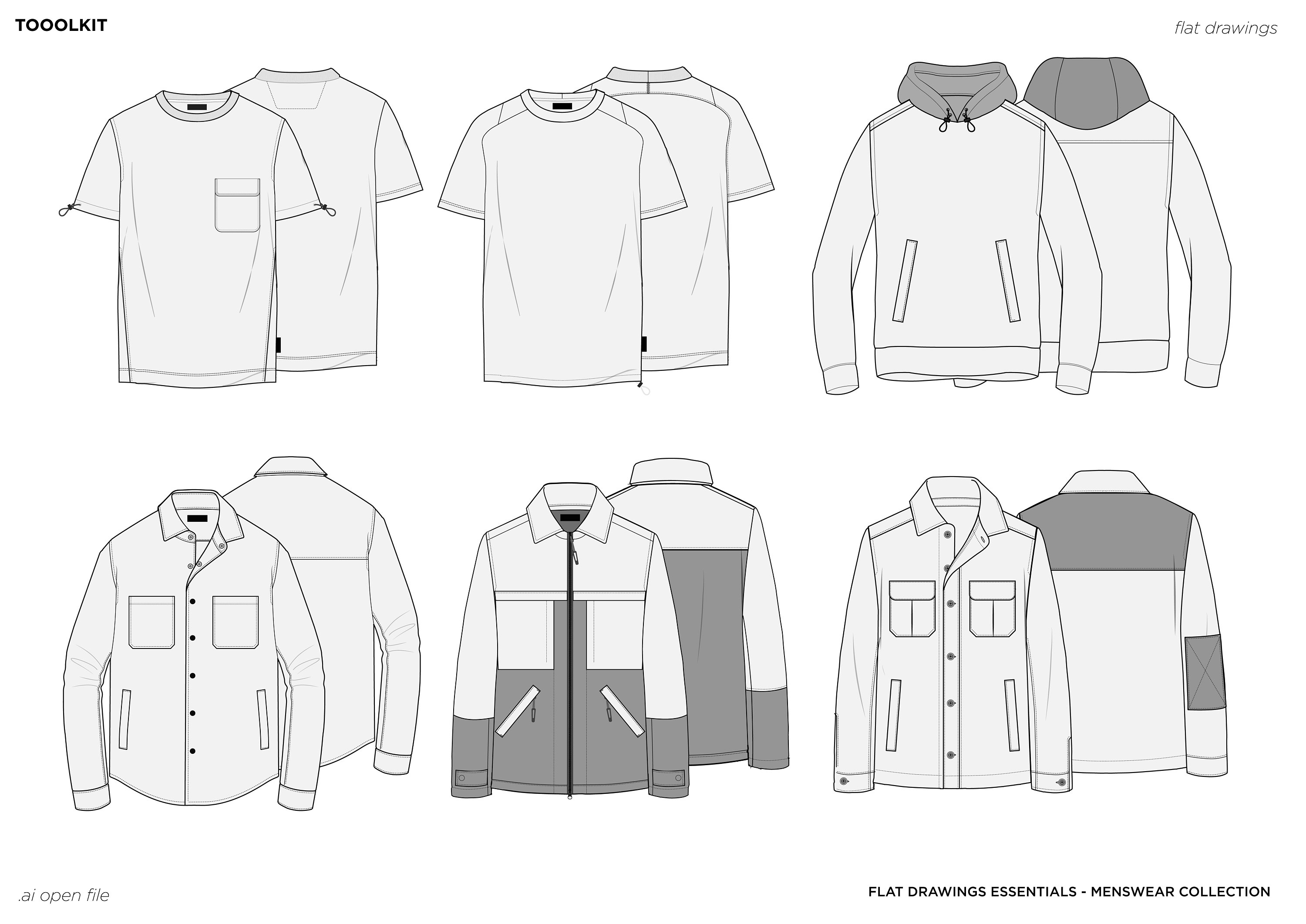 Flat Technical Drawings - Menswear COLLECTION I (12 B/W Vector Sketches ...