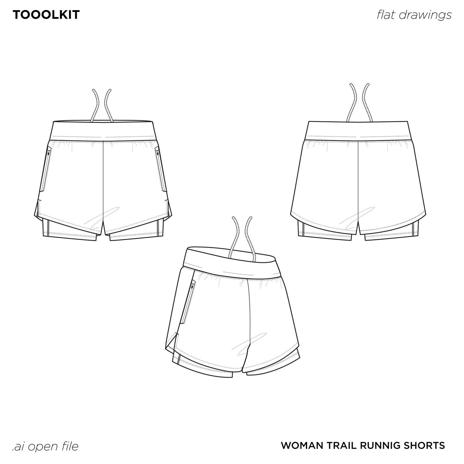 Editable Trail Running Shorts Tech Pack: AI Vector Flat Sketch (digital ...