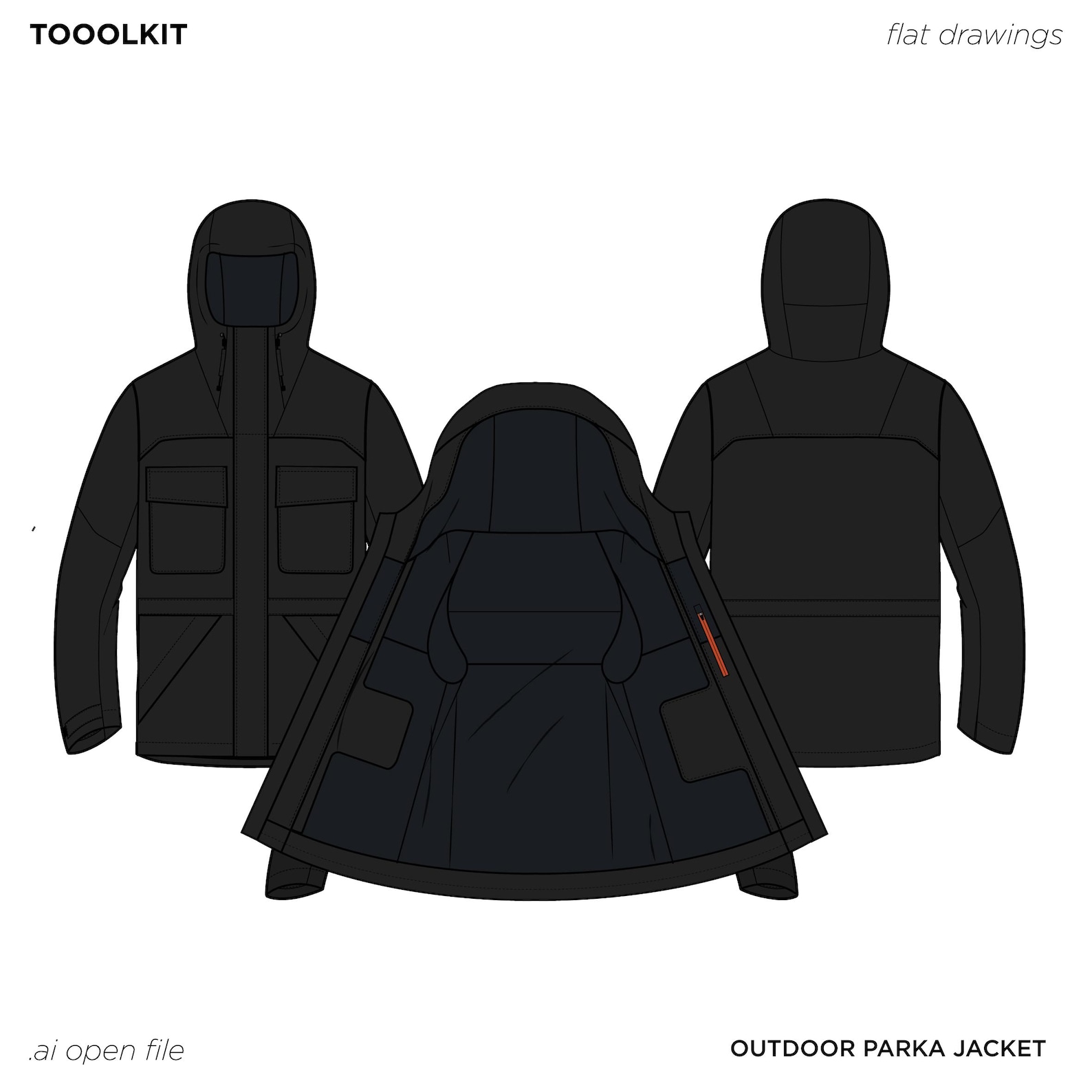 Editable Parka Jacket Tech Pack: AI Vector Flat Sketch (digital ...