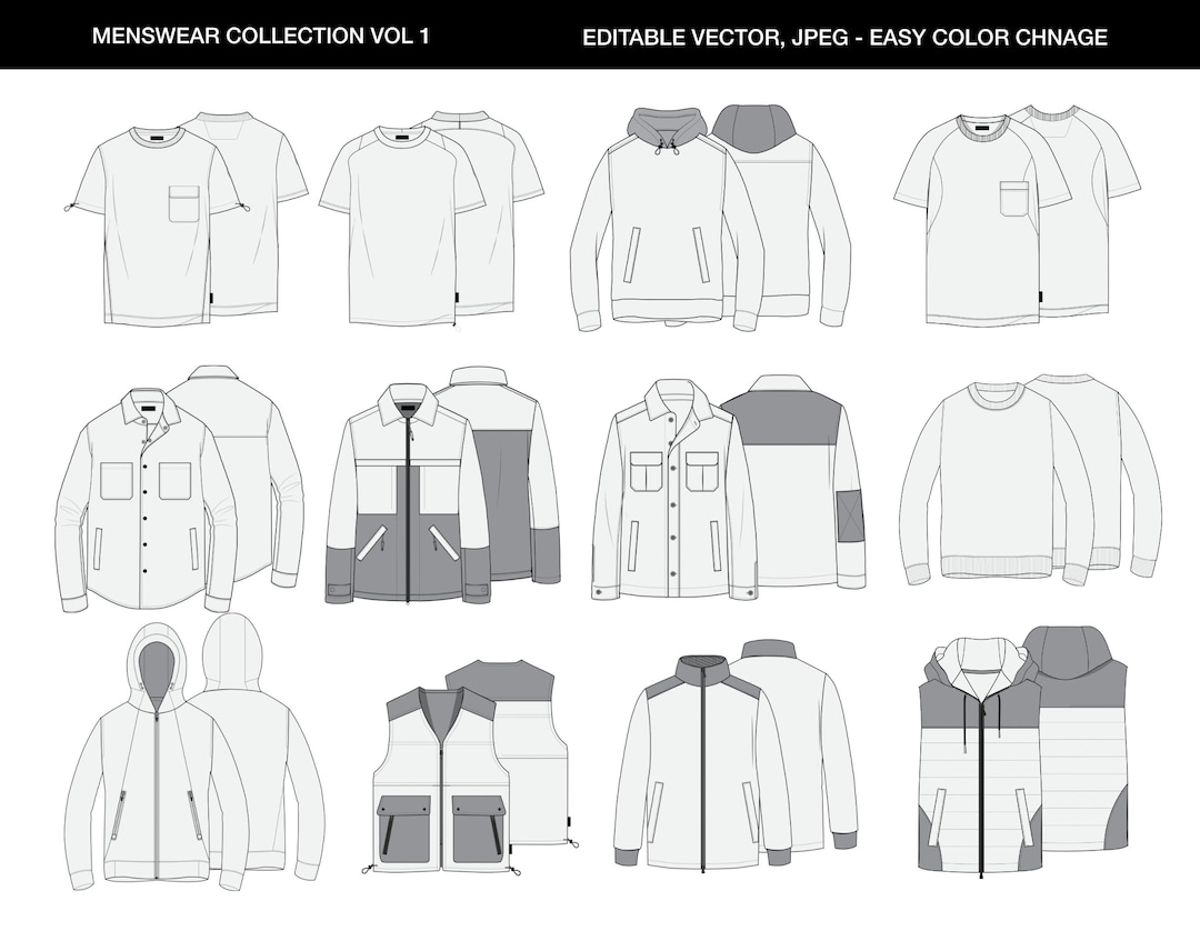 Flat Technical Drawings - Menswear COLLECTION I (12 B/W Vector Sketches ...