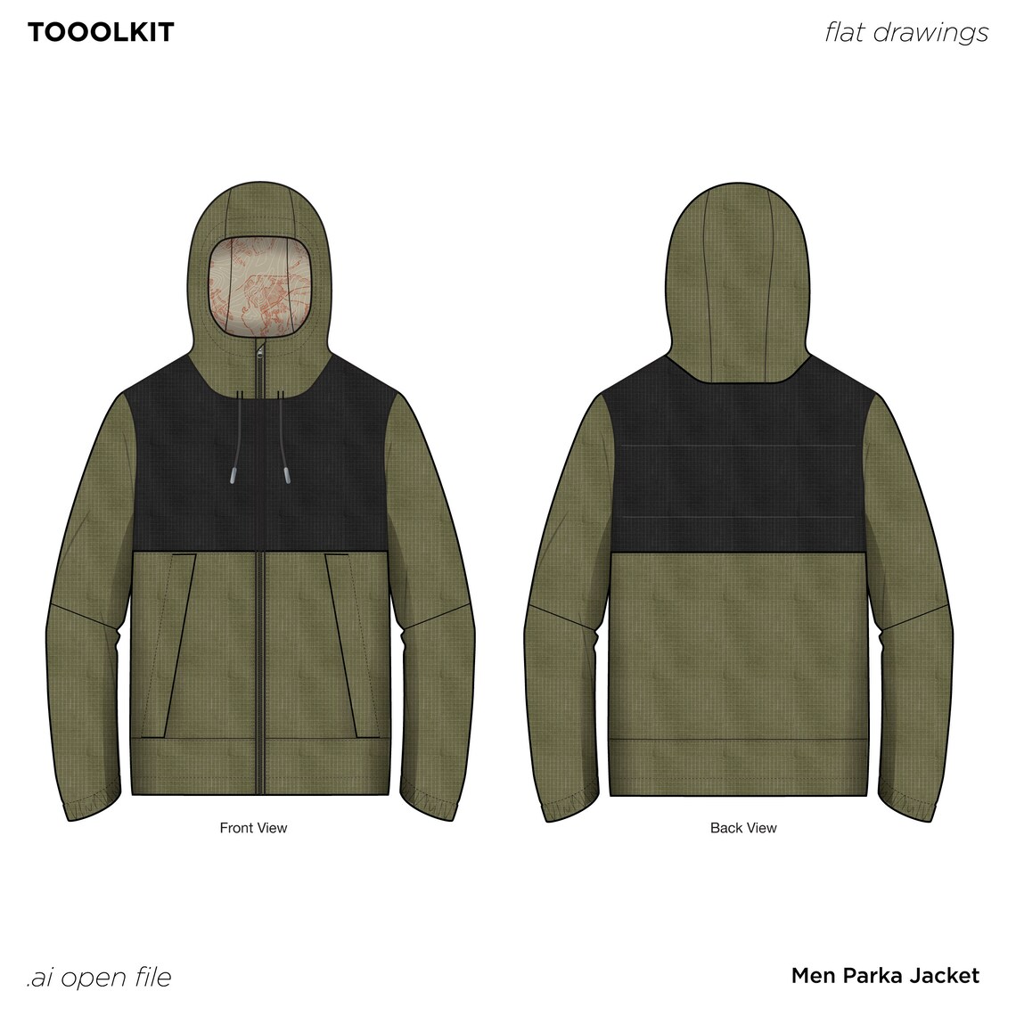 Men's Parka Jacket Vector Mockup: Fashion Illustrator Tech Pack (AI ...