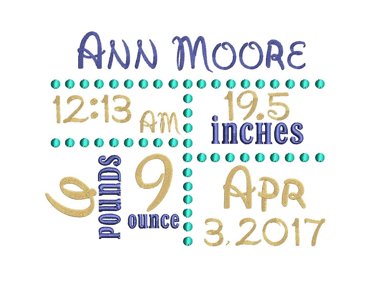 Birth Announcement Embroidery Design Font Included 4 Sizes 4,5,6,7 Inch ...