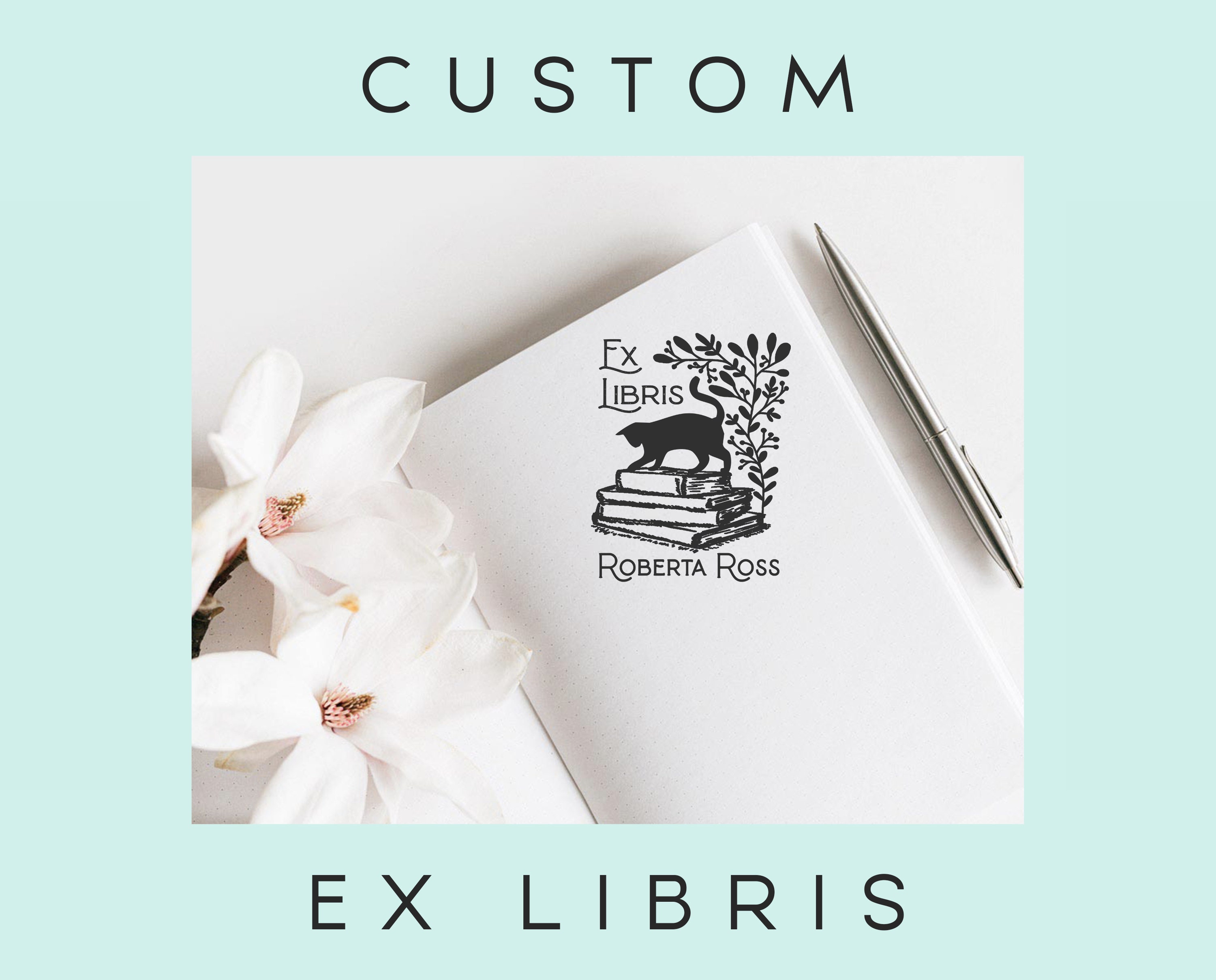Cat on the Books Custom Ex Libris Stamp Black Cat Bookplate - Etsy