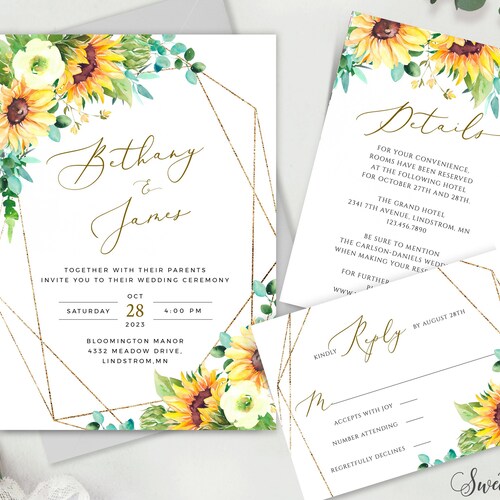Sunflower Themed Printable Wedding Invitation Set Editable - Etsy