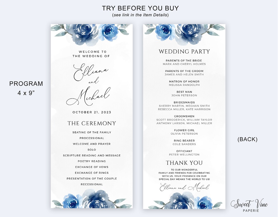 Wedding Program Template Blue Floral Double Sided Wedding - Etsy