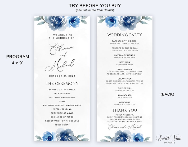 Wedding Program Template Blue Floral Double Sided Wedding | Etsy