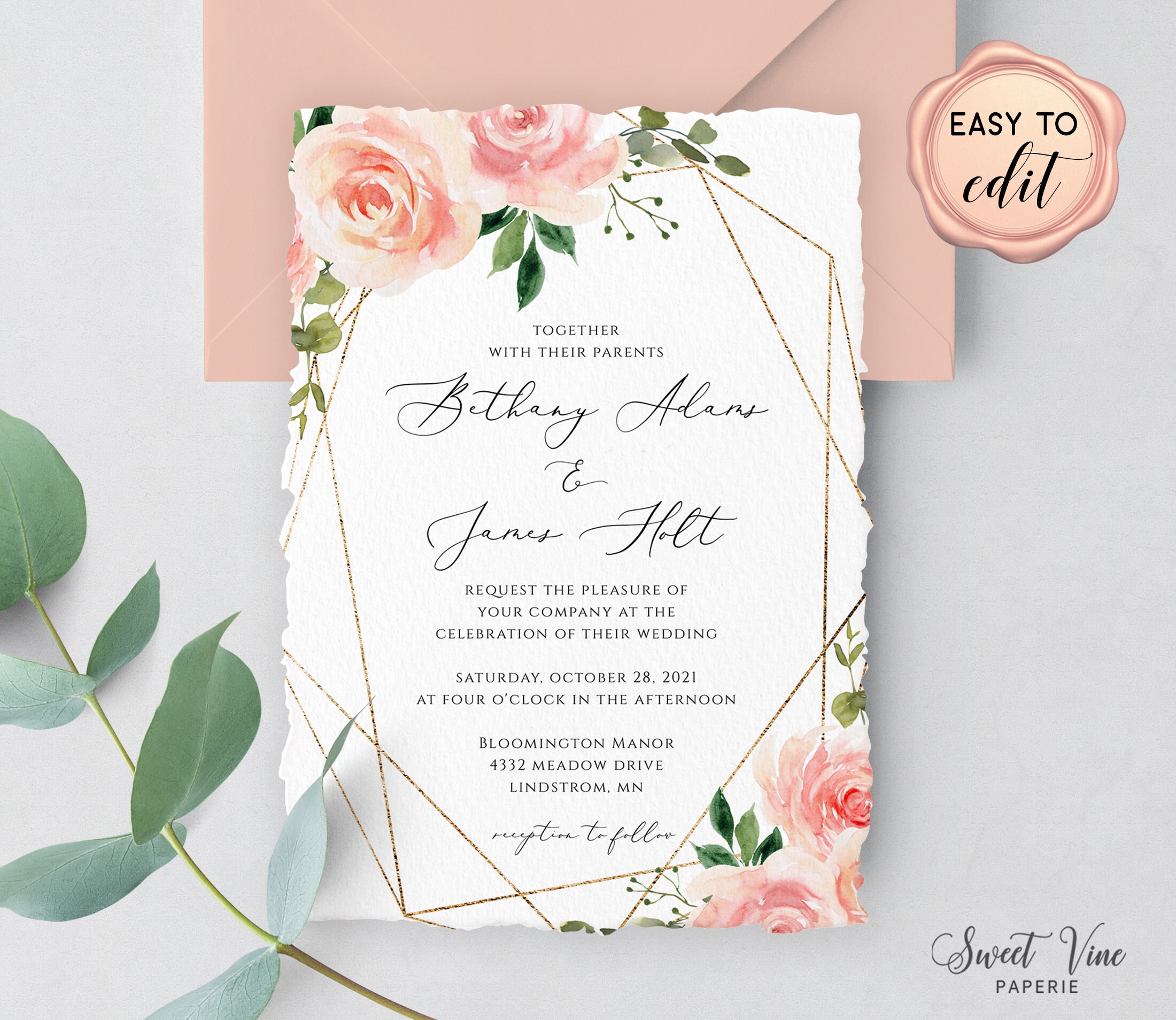 Blush Wedding Invitation Template Watercolor Roses Invite | Etsy