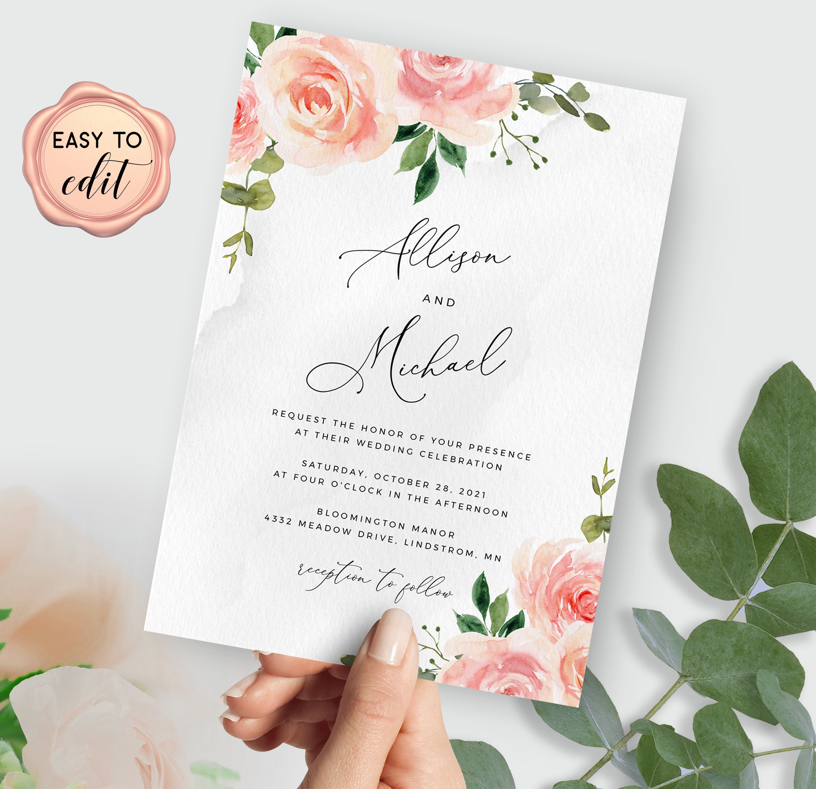 Wedding Invitation Template Blush Pink Floral Wedding Invite - Etsy