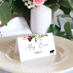 Place Card Template With Meal Icons, Burgundy Wedding Place Cards, Flat ...