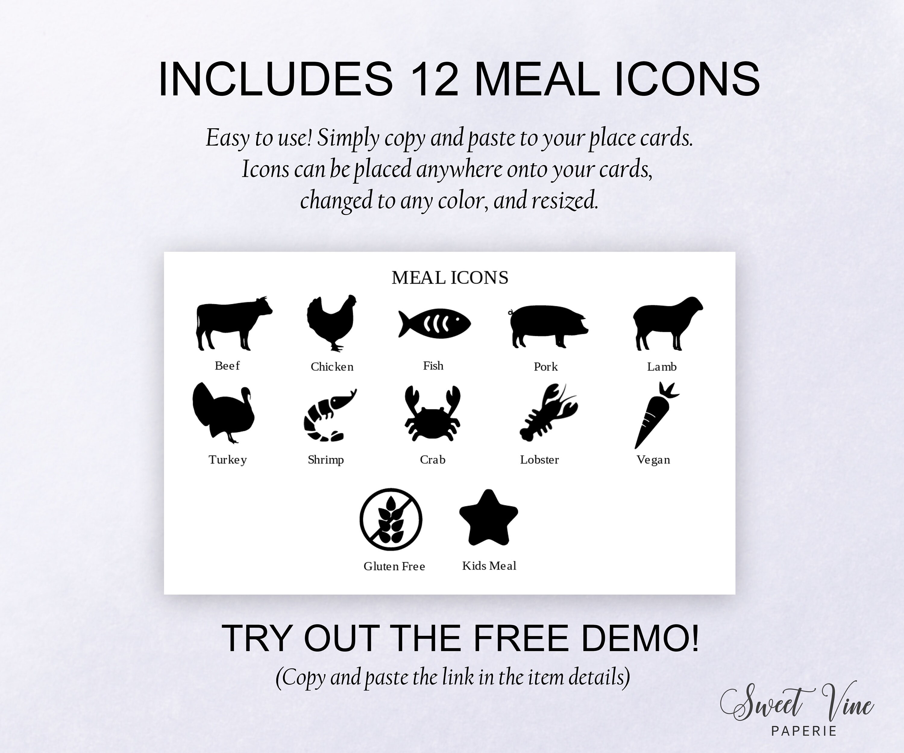 Place Card Template With Meal Icons Greenery Wedding Place | Etsy