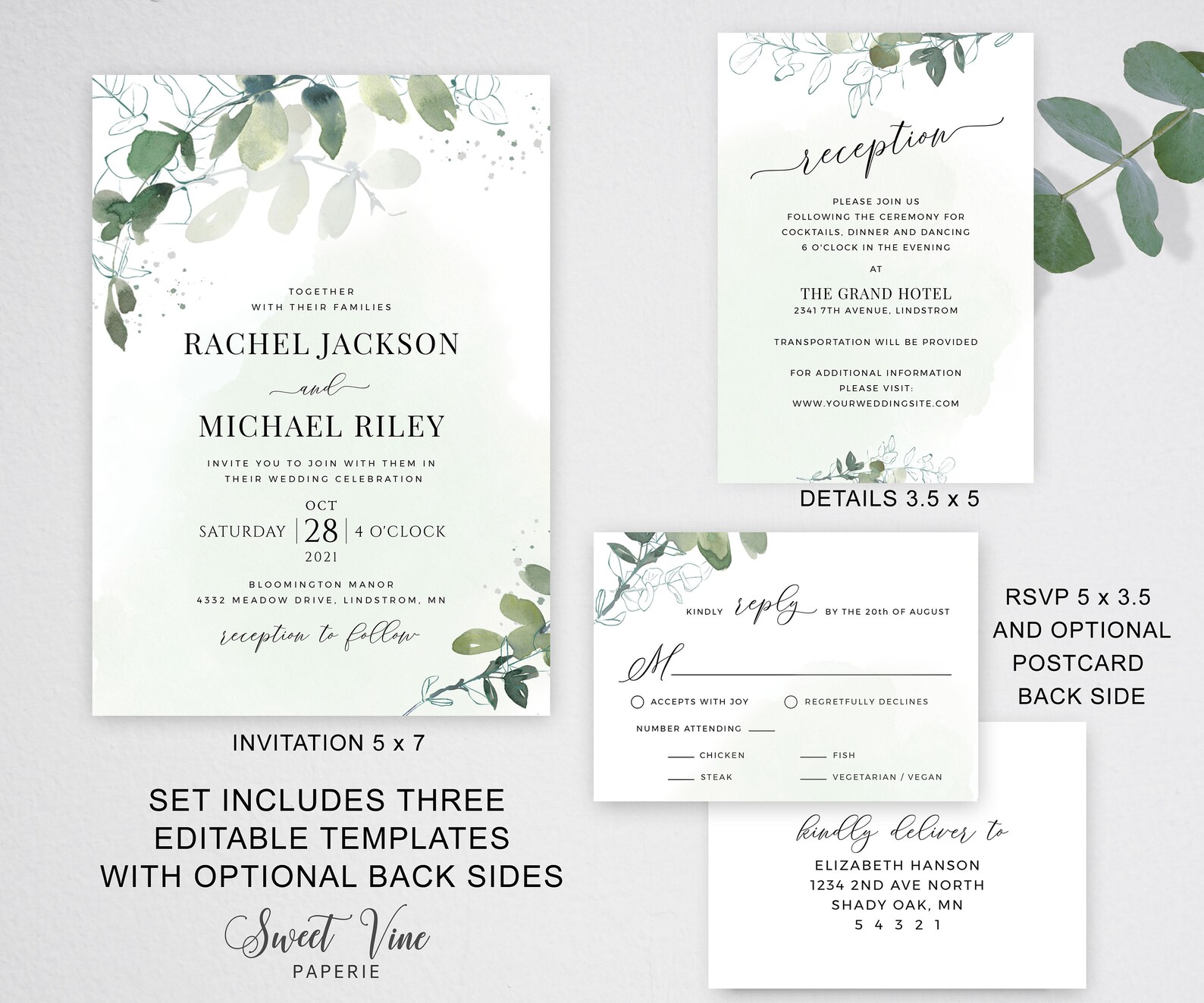Boho Wedding Invitation Suite with Watercolor Greenery DIY | Etsy