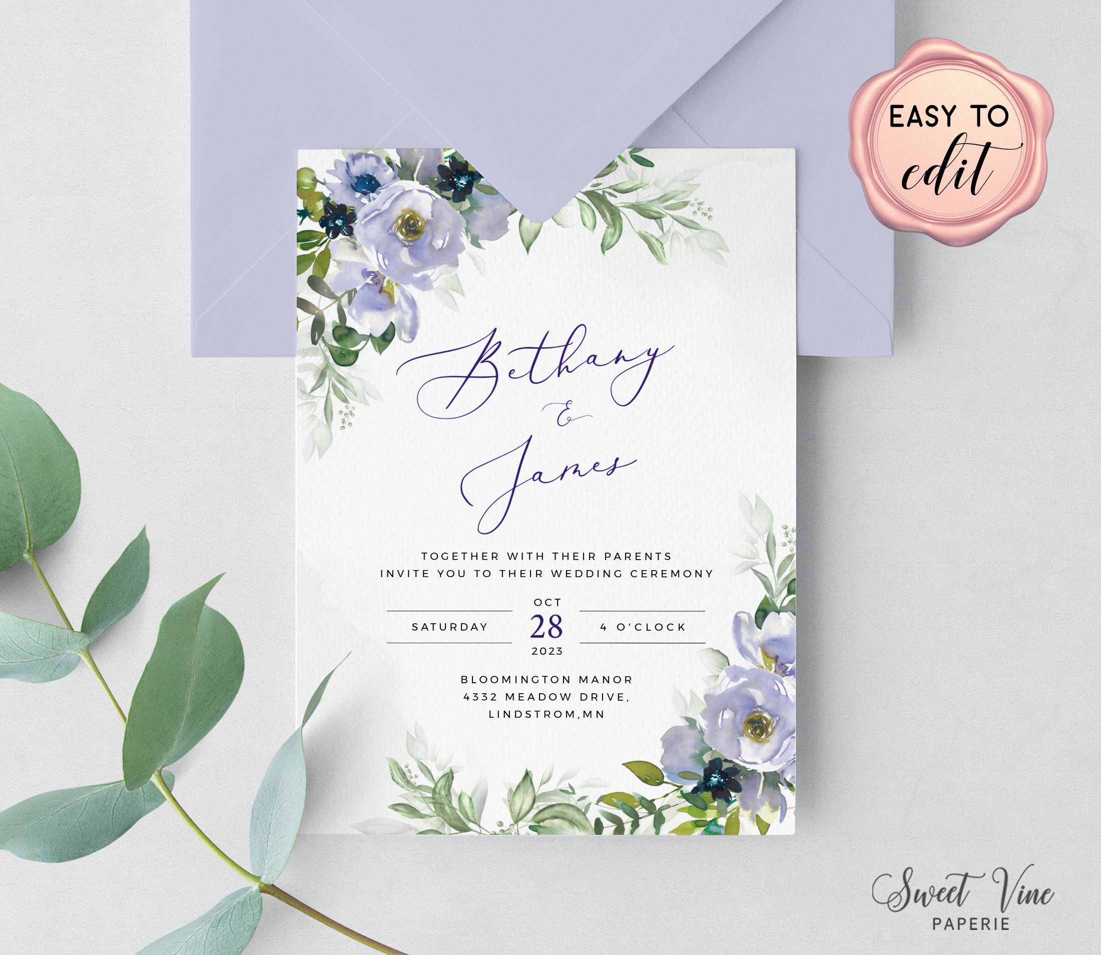 Lavender Wedding Invitation Template Watercolor Floral - Etsy