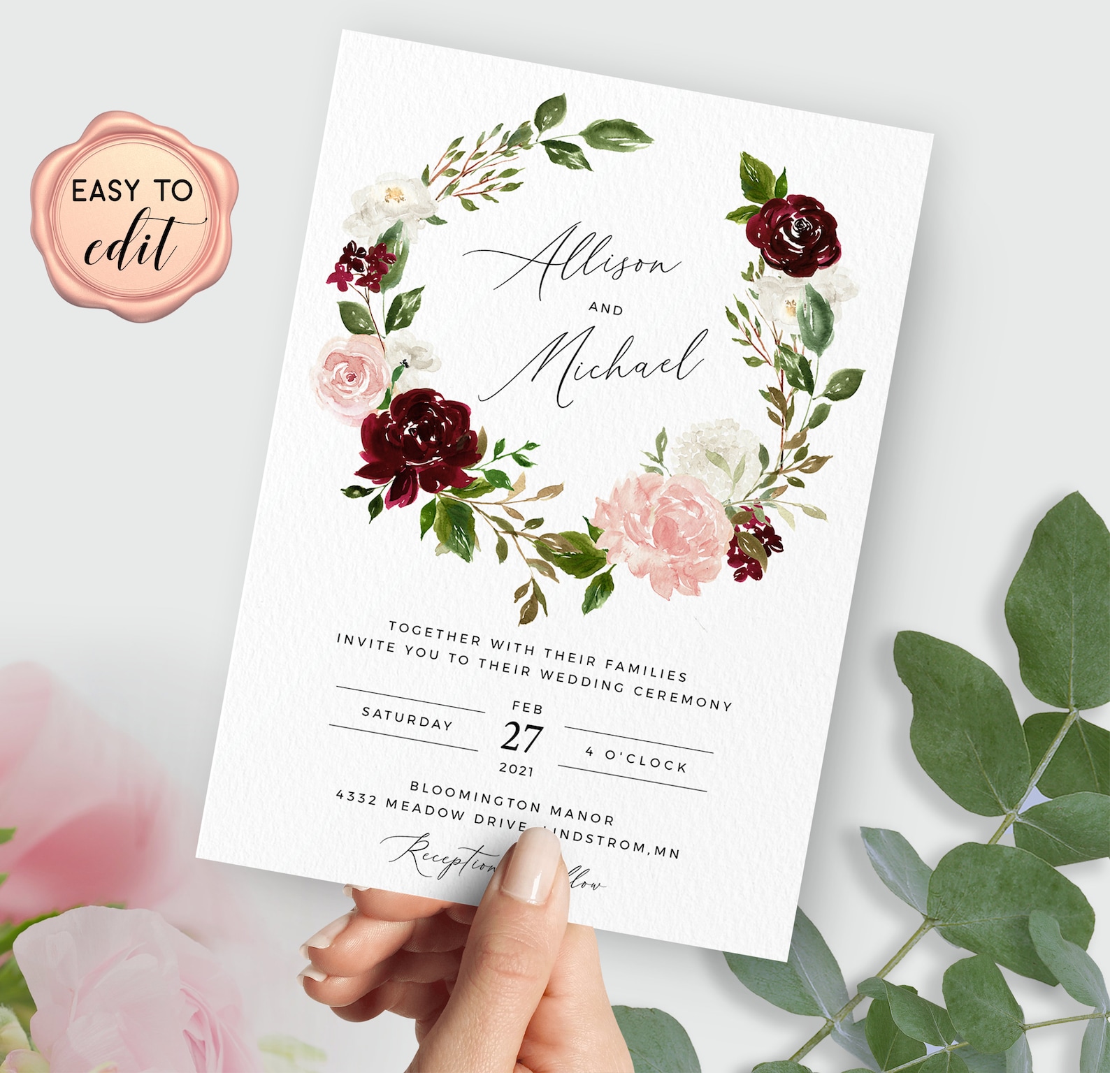 Burgundy Wedding Invitation Floral Wedding Invitation - Etsy