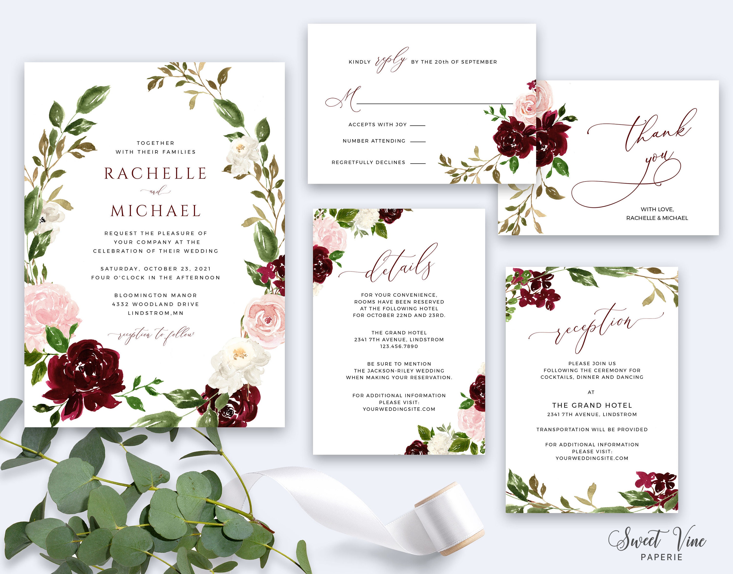 Burgundy Wedding Invitation, Floral Wedding Invitation Template ...