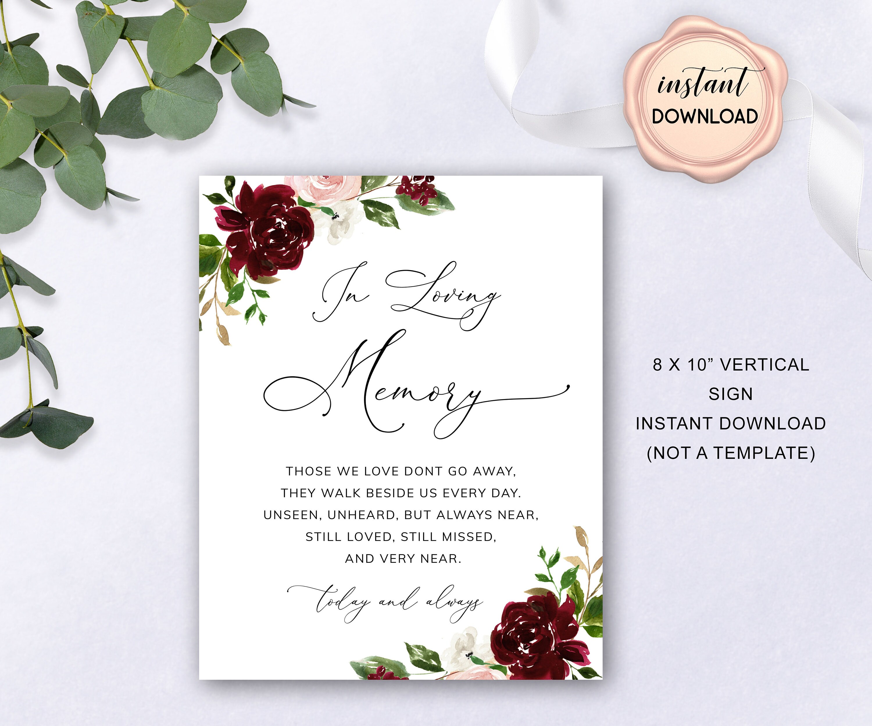 In Loving Memory Sign, Burgundy in Memory Sign, Printable Loving Memory ...