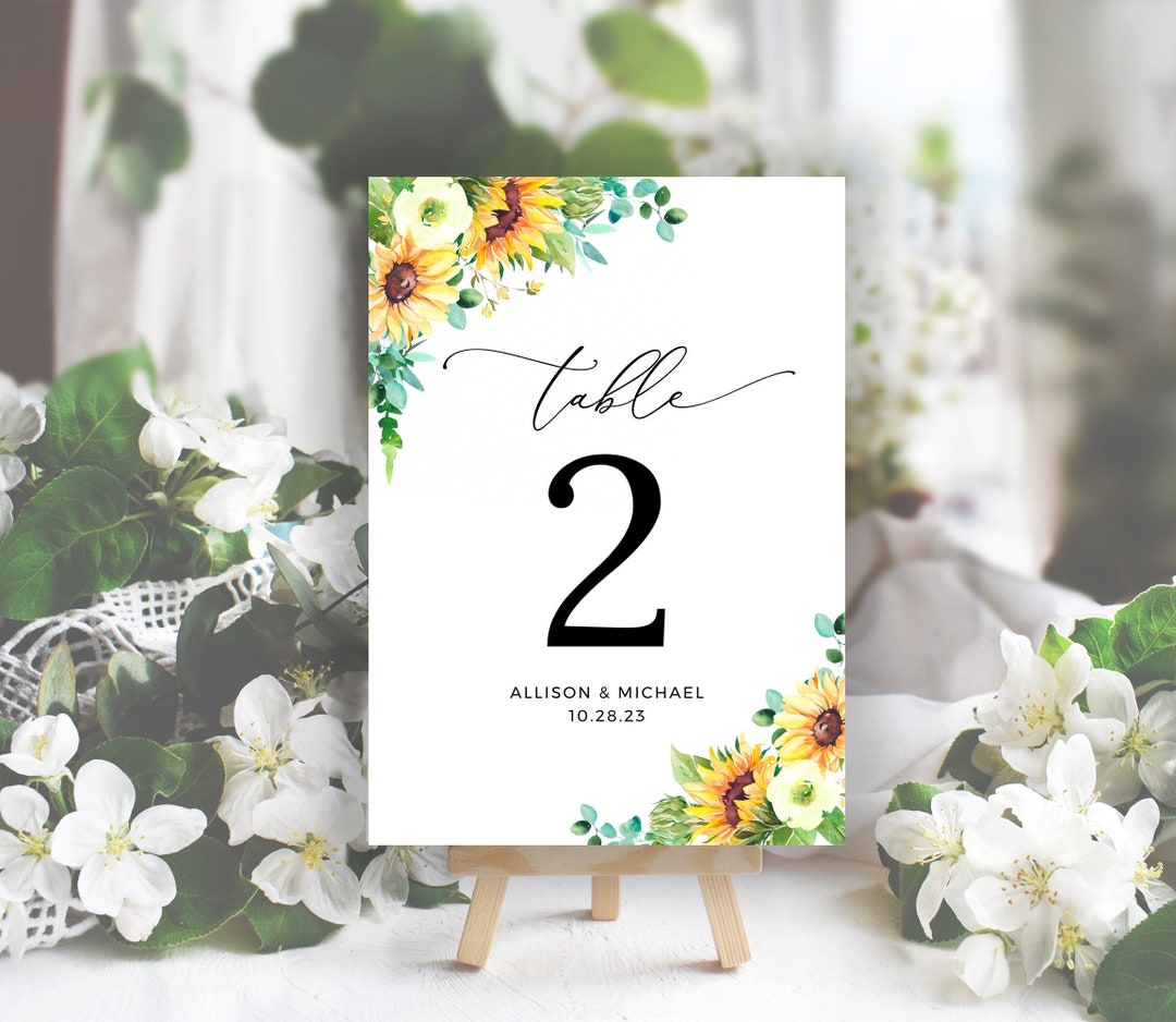 Sunflower Wedding Table Numbers, Table Number Template, Wedding Table ...