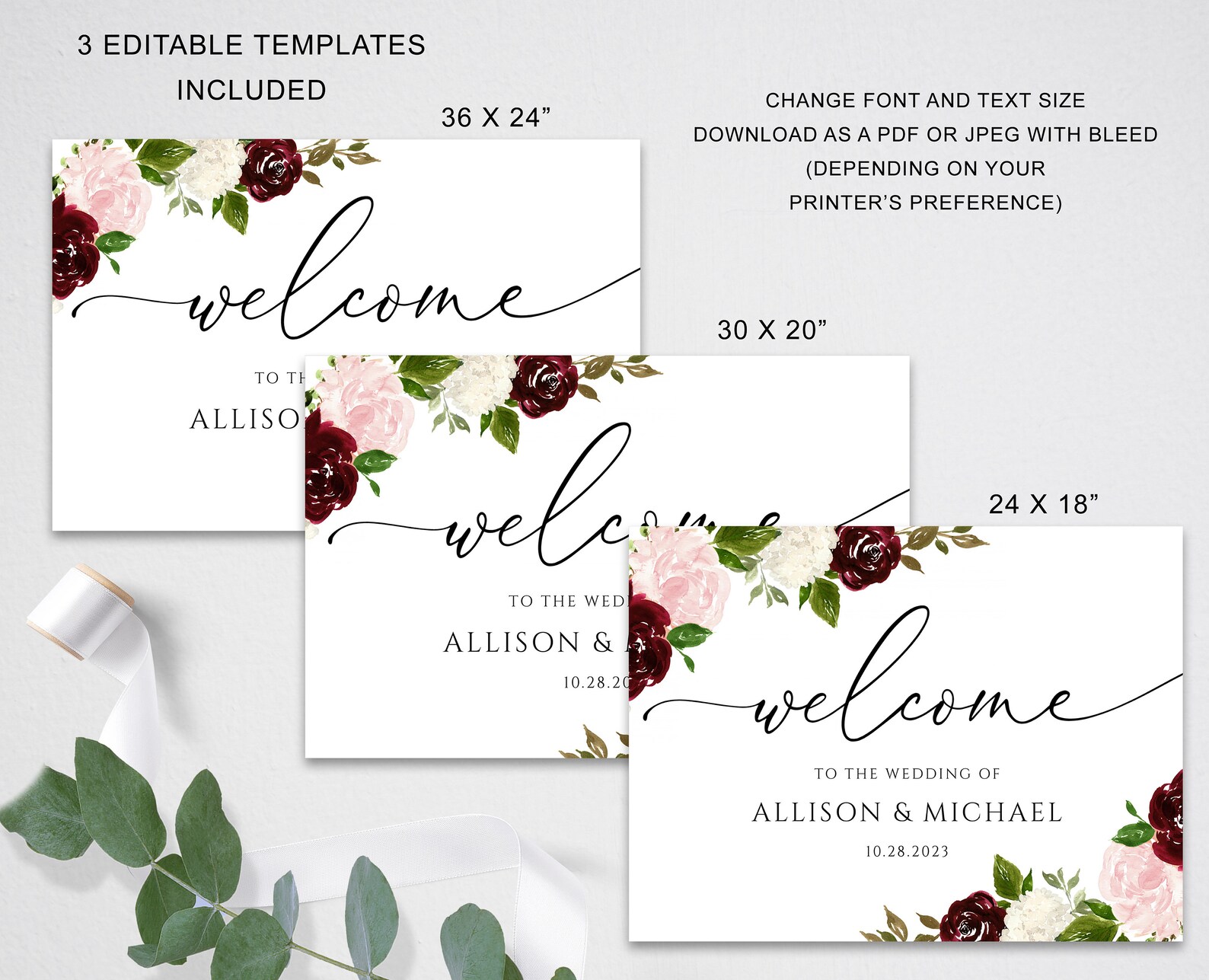 Wedding Welcome Sign Burgundy Welcome Sign Template Shower - Etsy