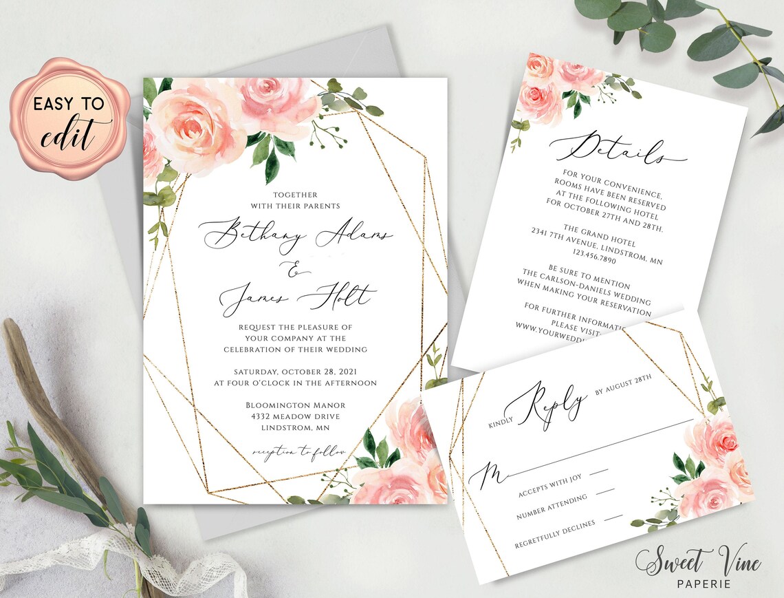 Blush Wedding Invitation Template Watercolor Roses Invite - Etsy