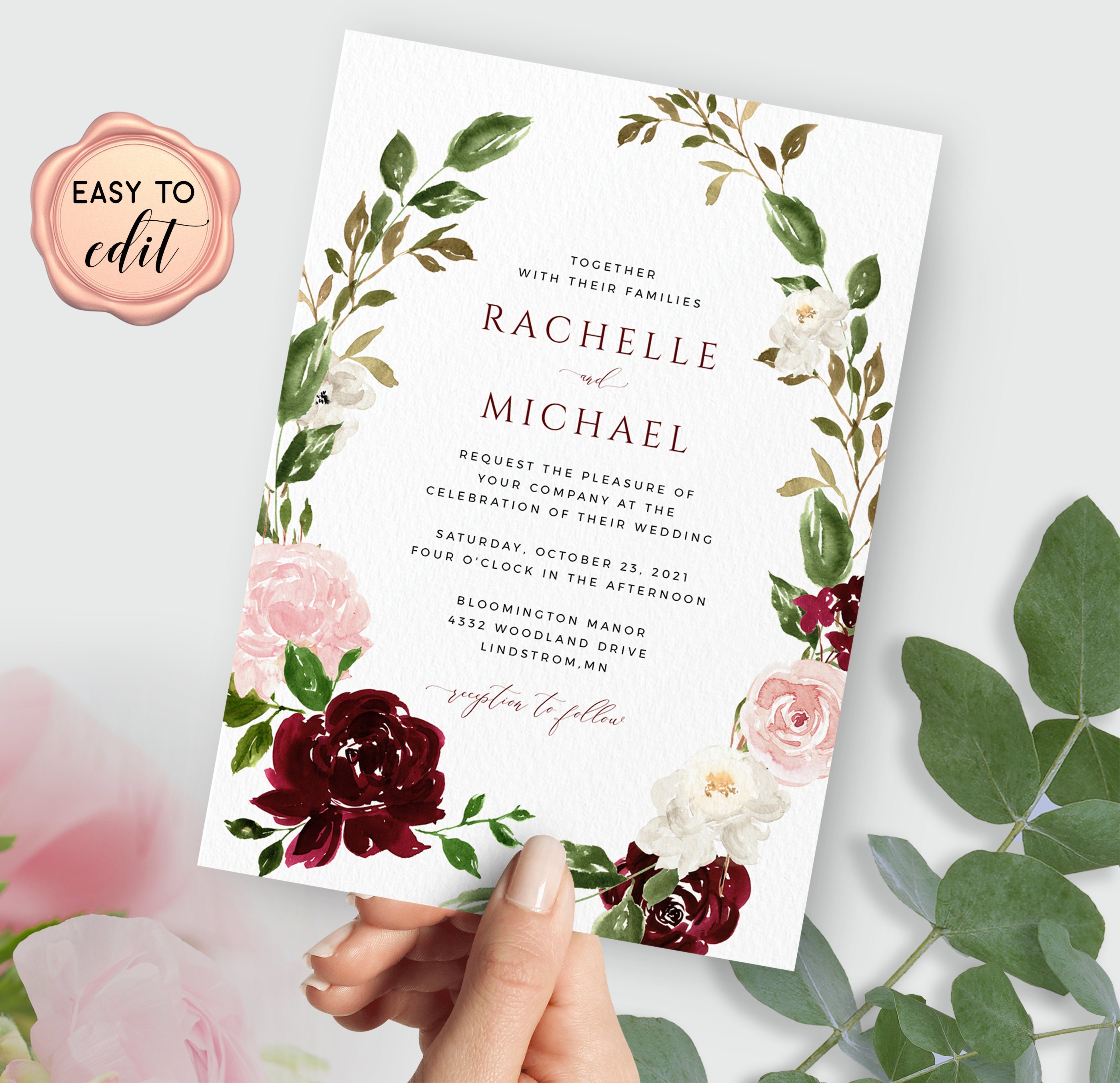 Burgundy Wedding Invitation Floral Wedding Invitation - Etsy