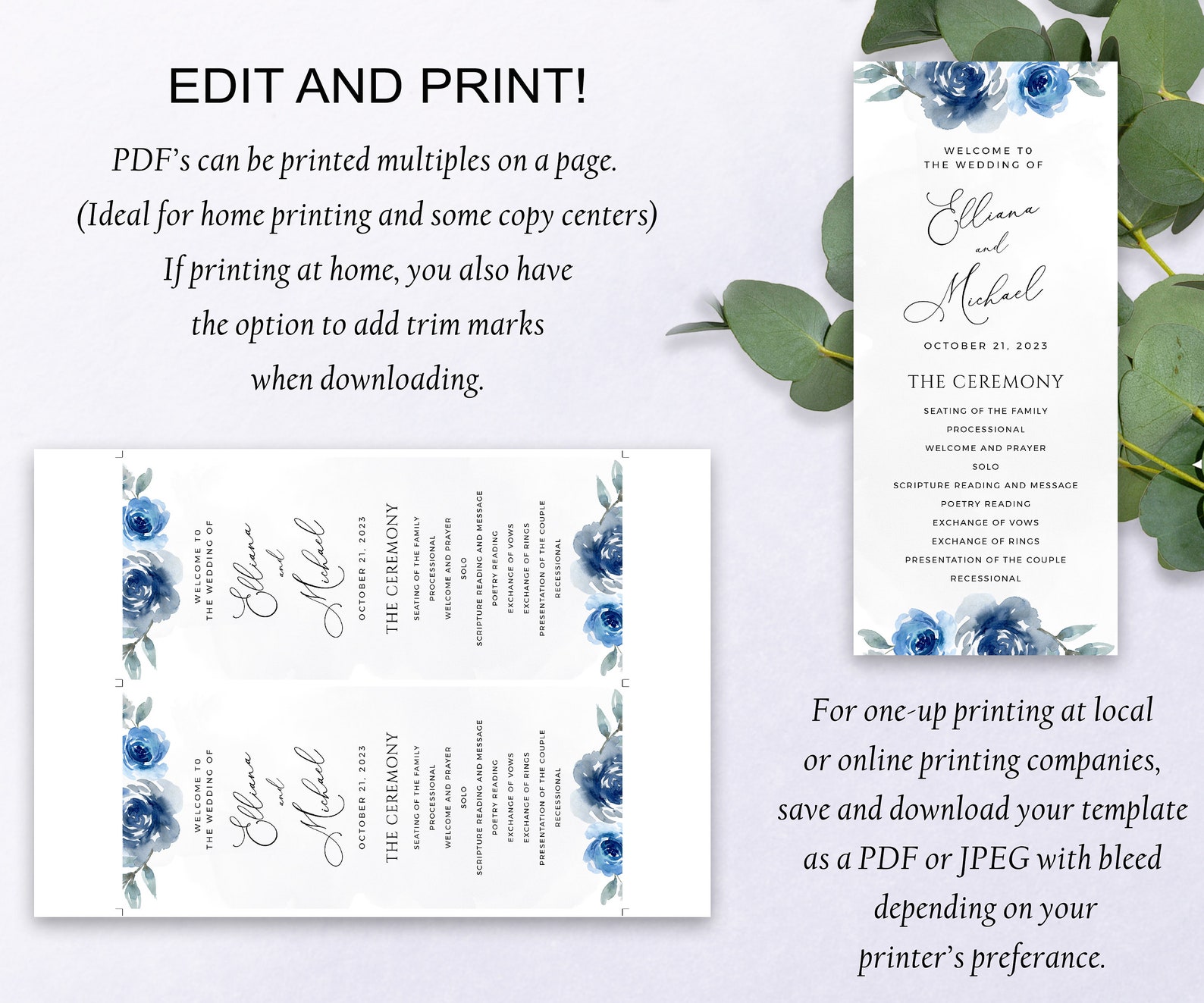 Wedding Program Template, Blue Floral Double Sided Wedding Program ...