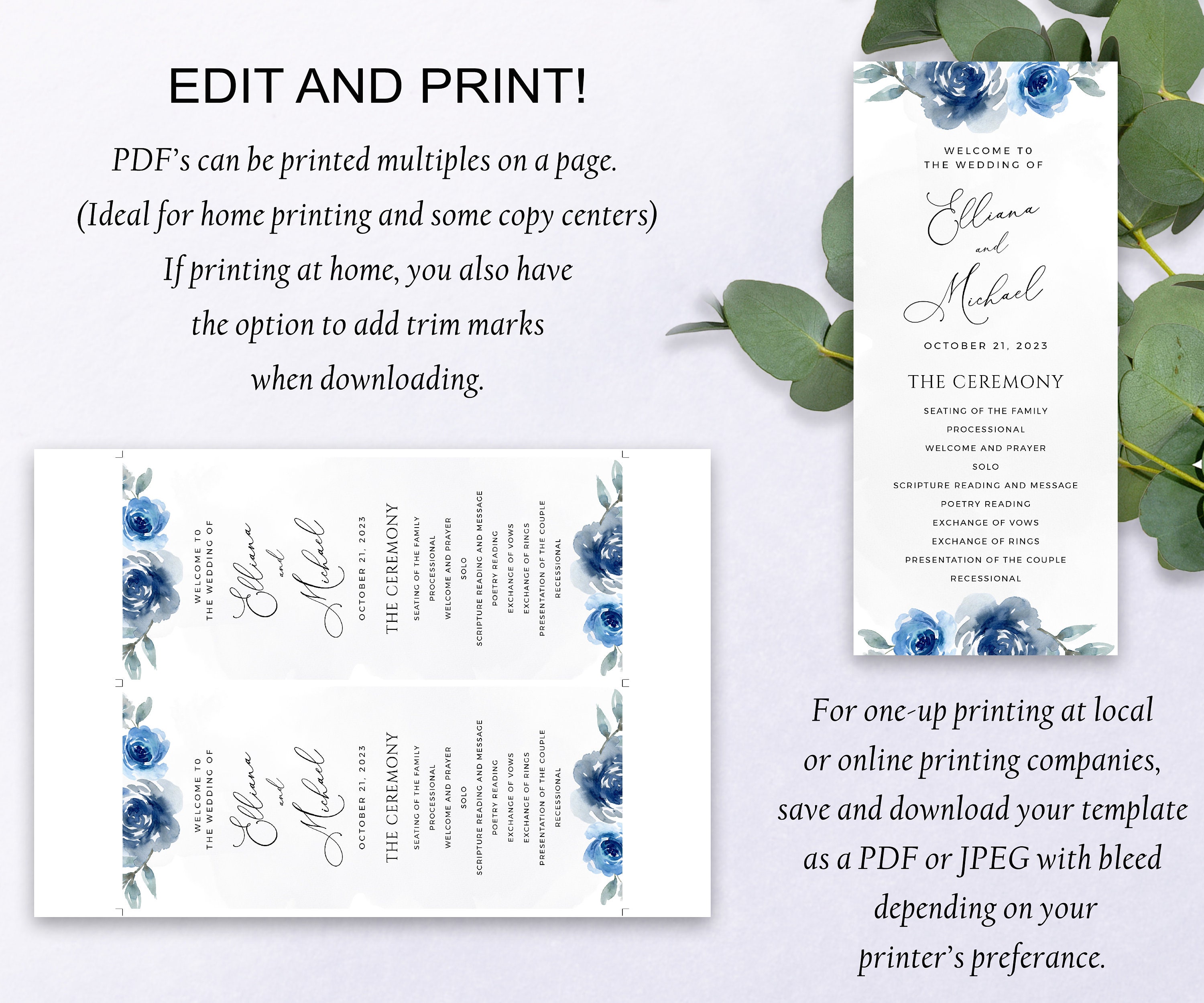 Wedding Program Template Blue Floral Double Sided Wedding - Etsy