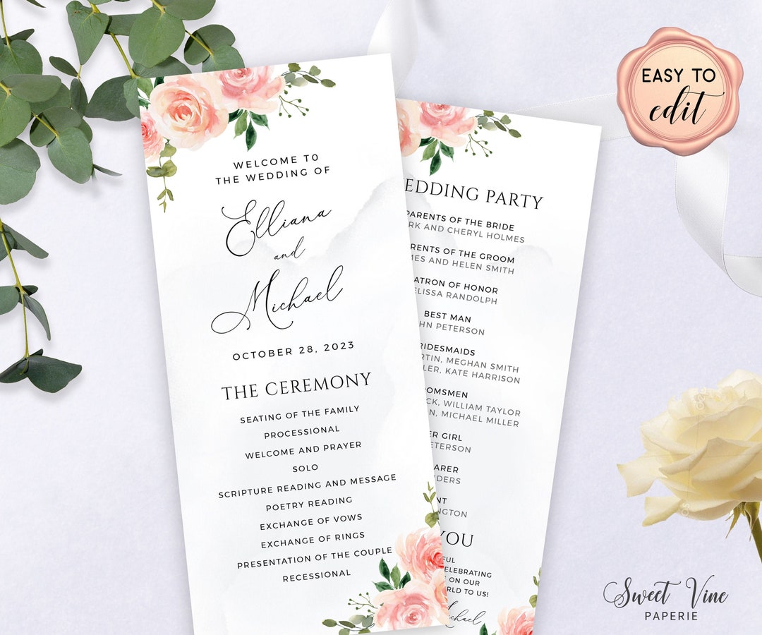 Pink Blush Wedding Program Template, Double Sided Wedding Program ...