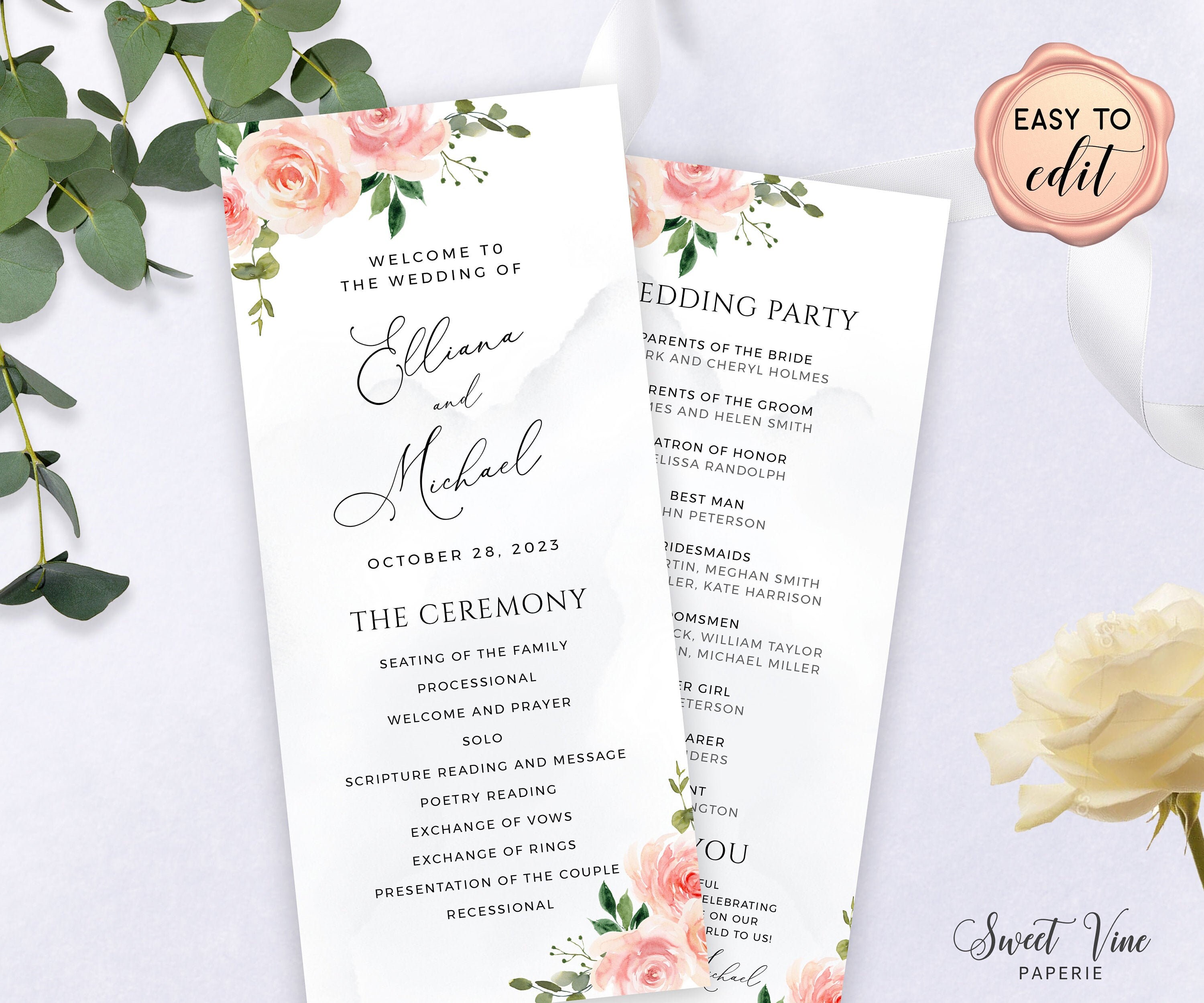 Pink Blush Wedding Program Template Double Sided Wedding - Etsy