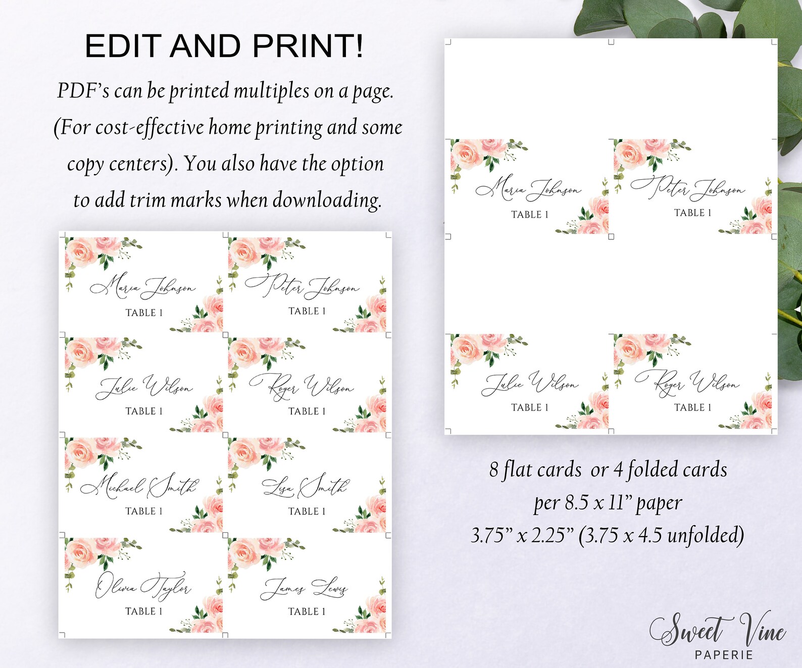 Place Card Template With Meal Icons Pink and Blush Wedding | Etsy