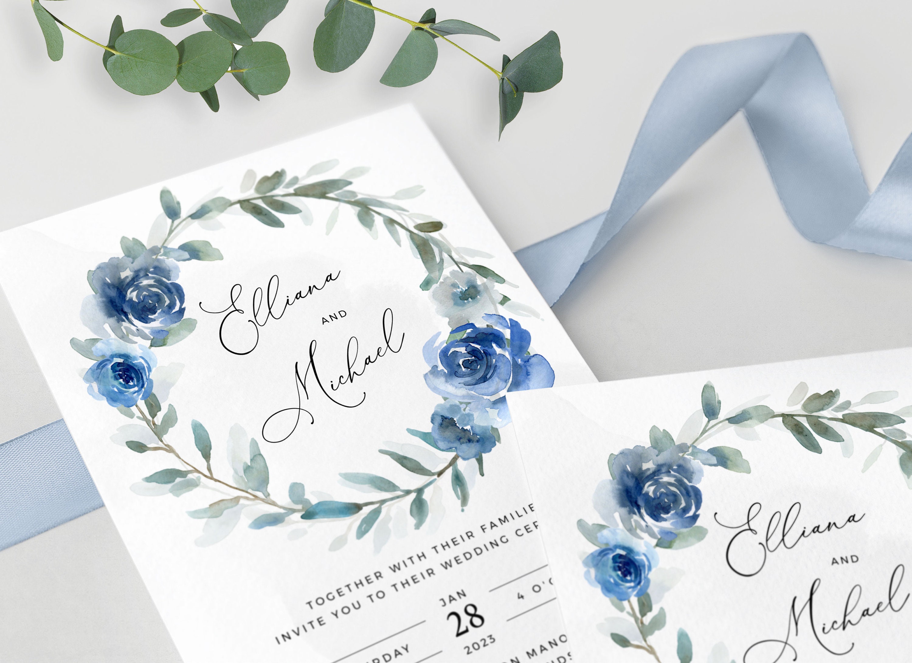 Blue Floral Wedding Invitation Wedding Invite Suite | Etsy