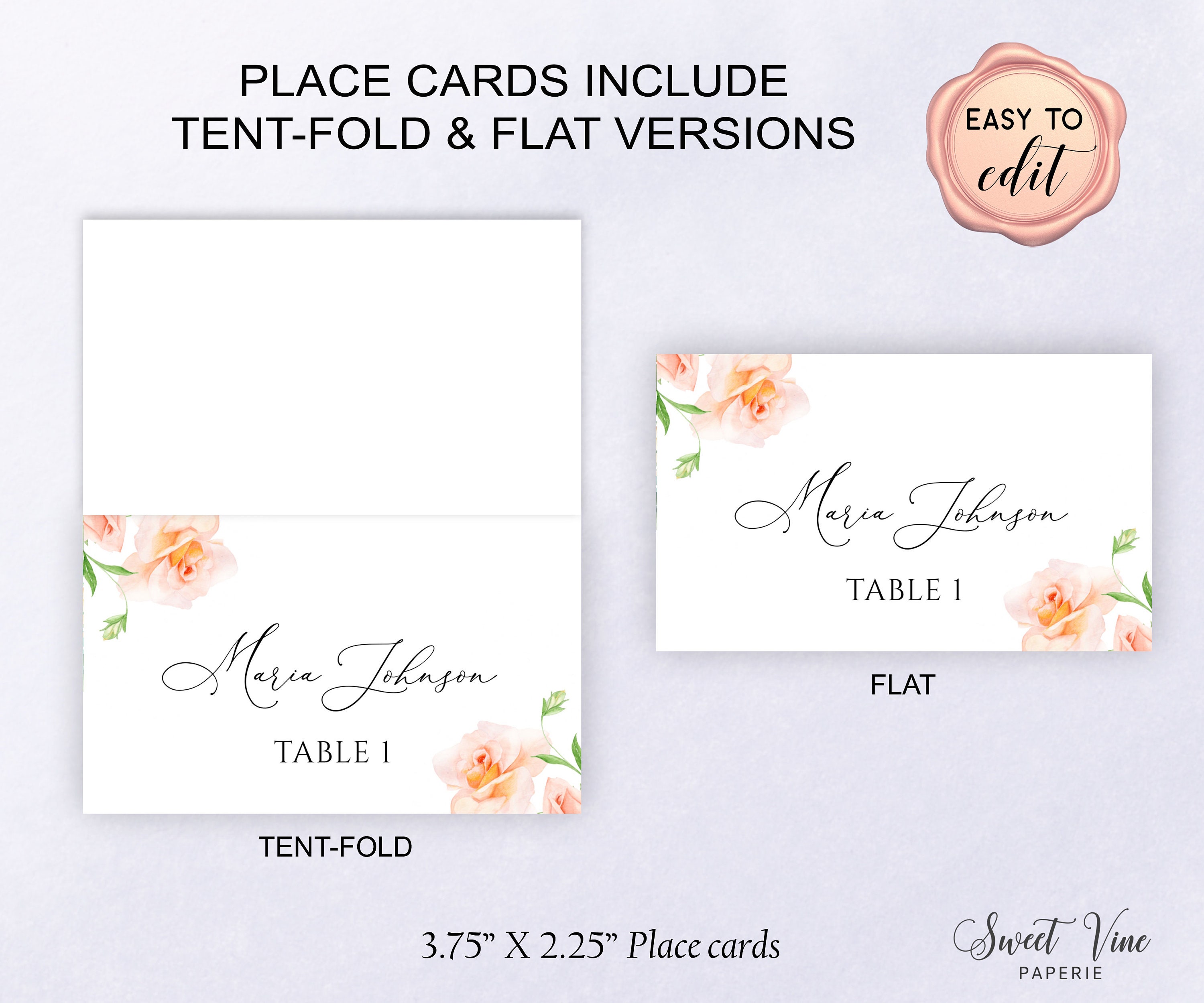 Place Card Template With Meal Icons Peach Pink Wedding Place - Etsy