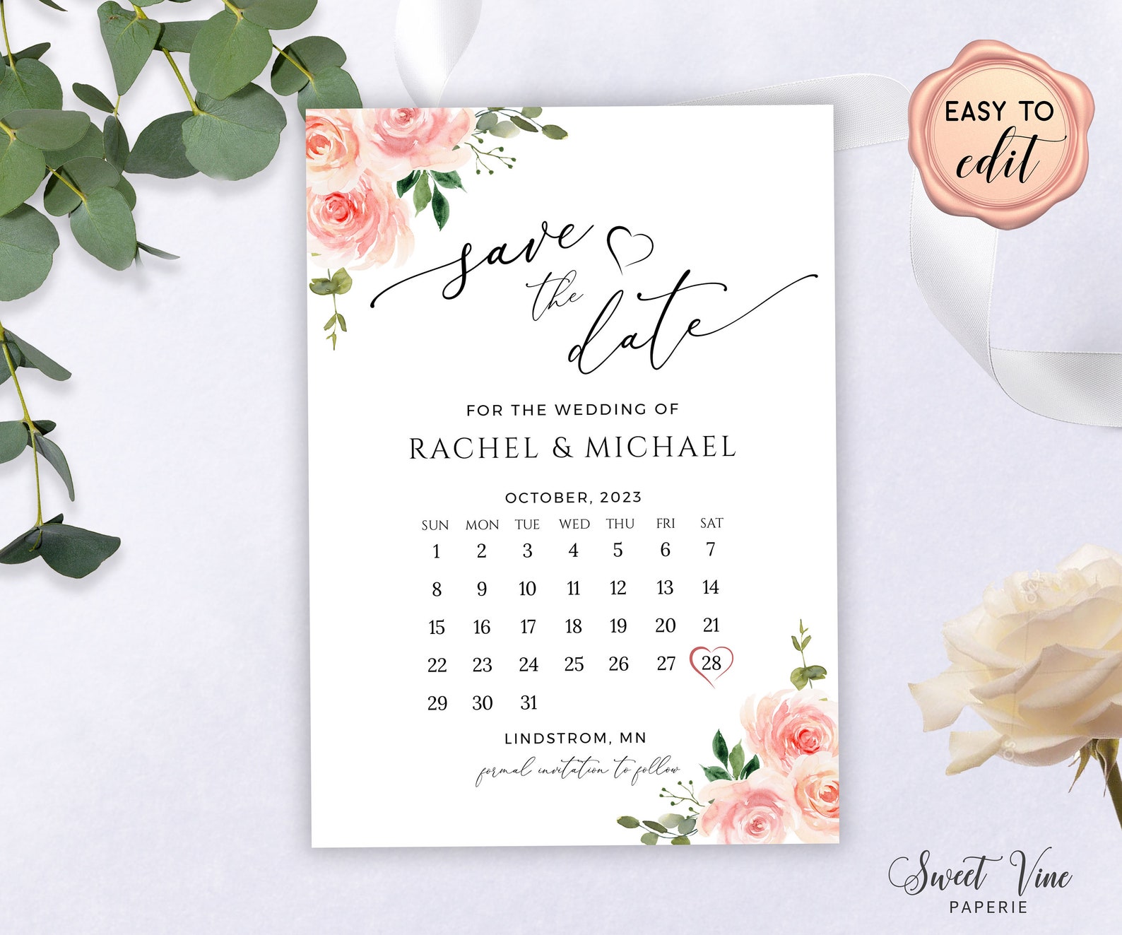 Blush Pink Save the Date Template Calendar Save the Date - Etsy