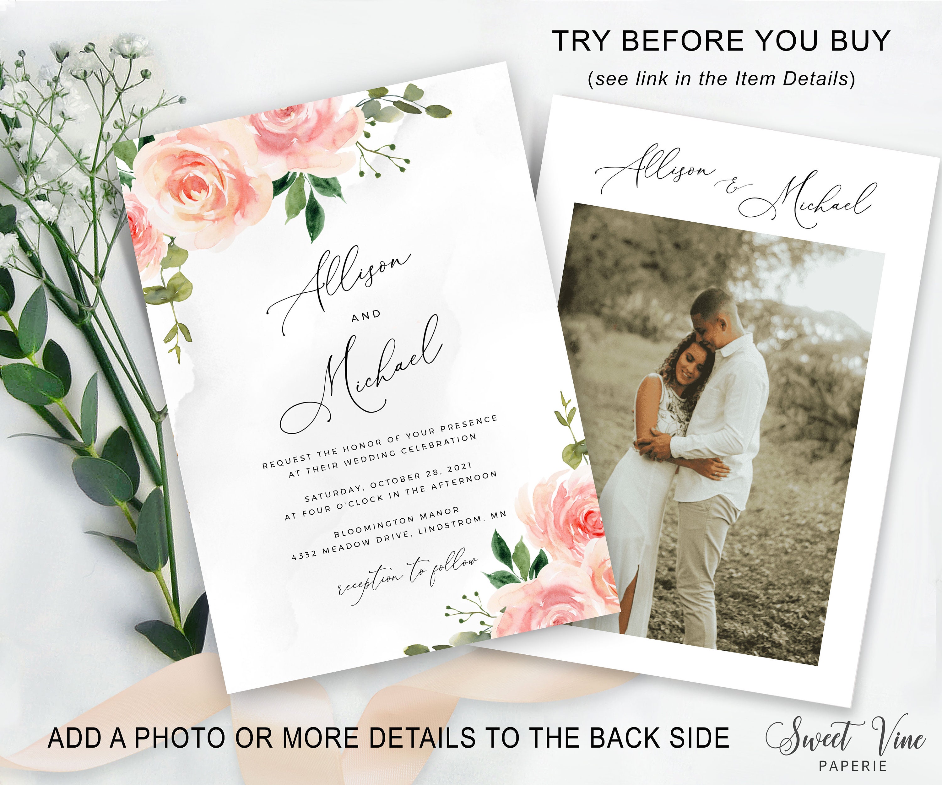 Wedding Invitation Template Blush Pink Floral Wedding Invite - Etsy