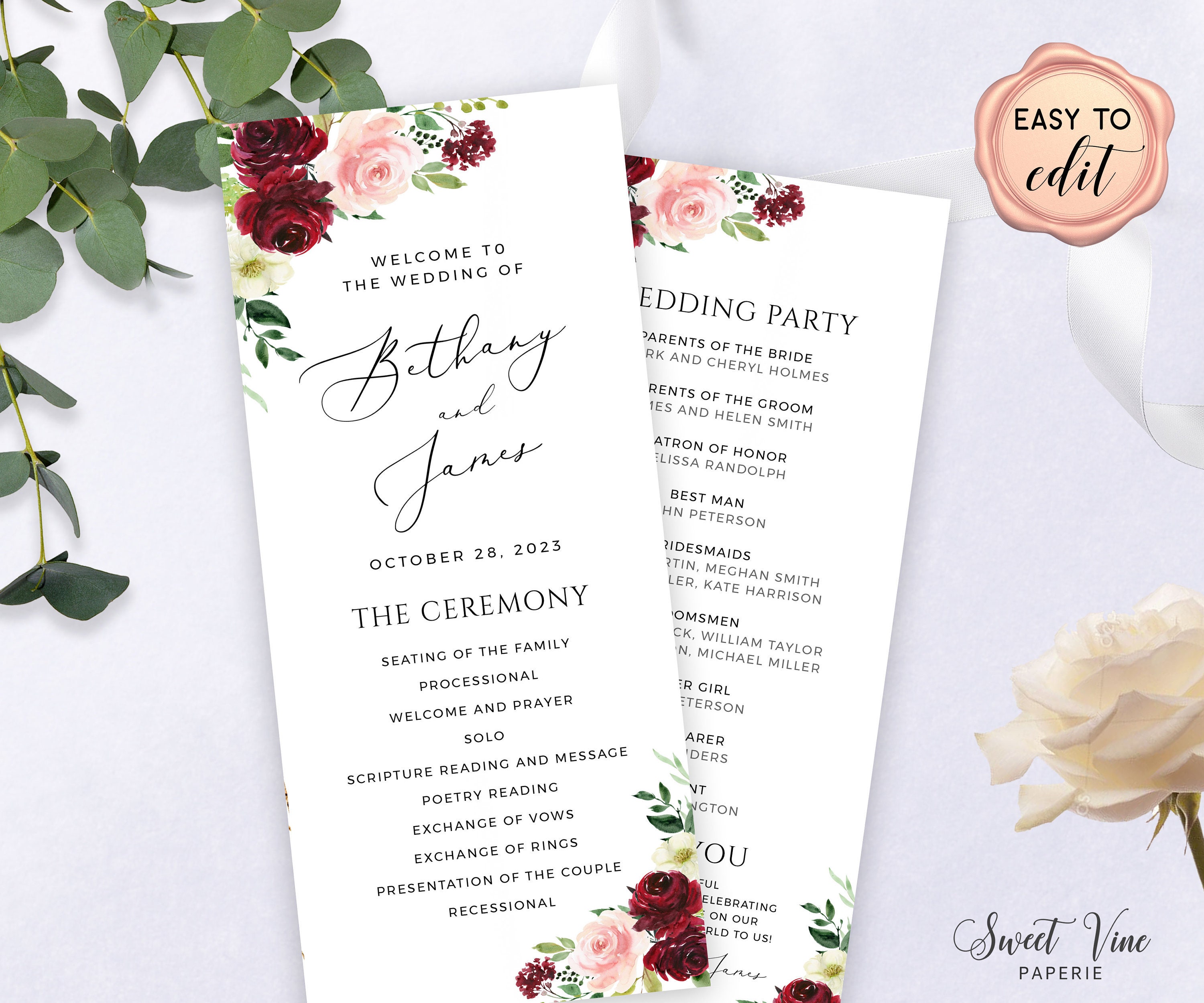 Burgundy Wedding Program, Double Sided Wedding Program Template ...