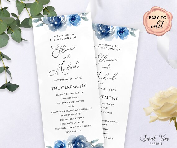 Wedding Program Template Blue Floral Double Sided Wedding | Etsy