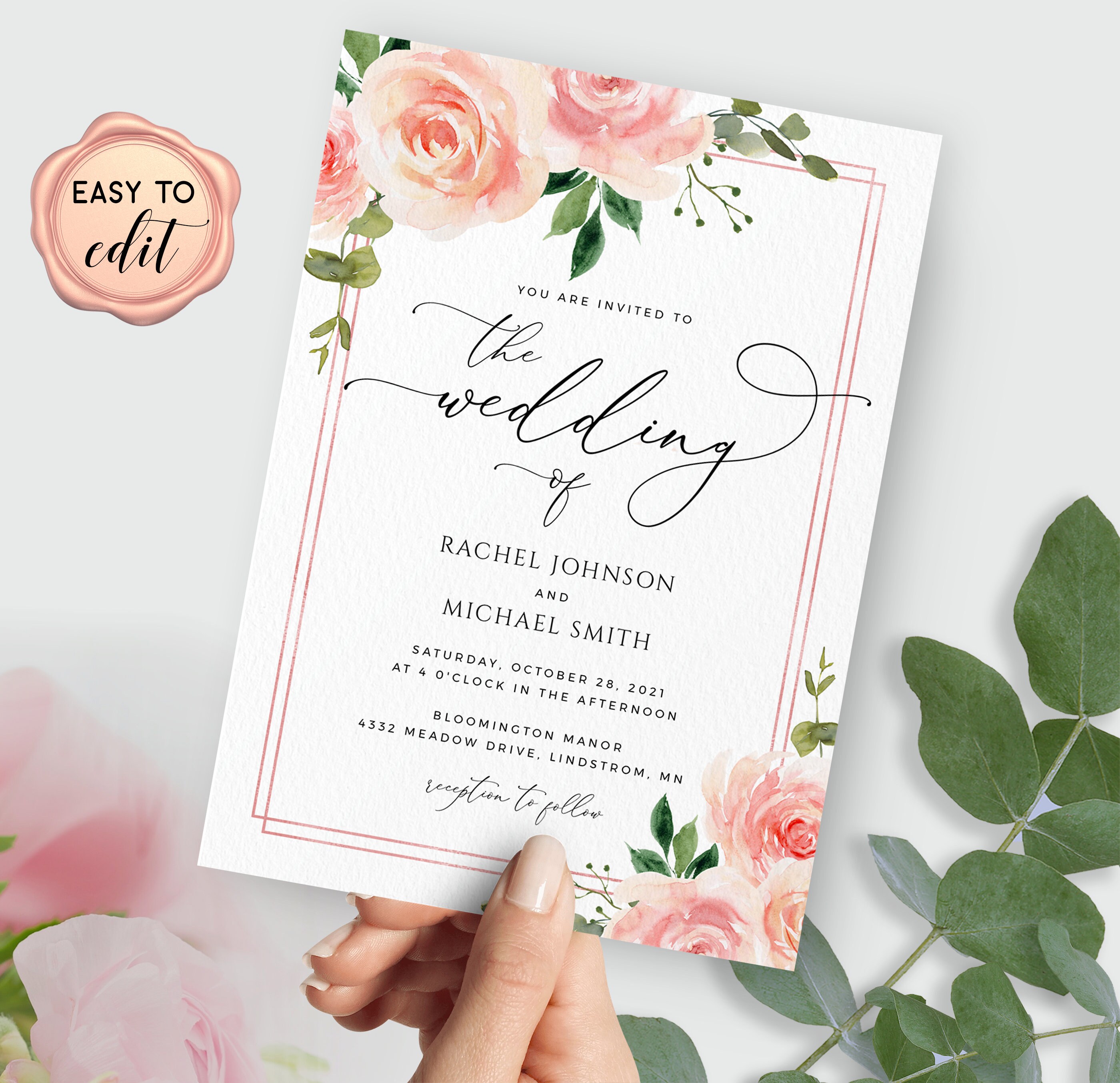 Pink Wedding Invitation Template Download Watercolor Roses | Etsy