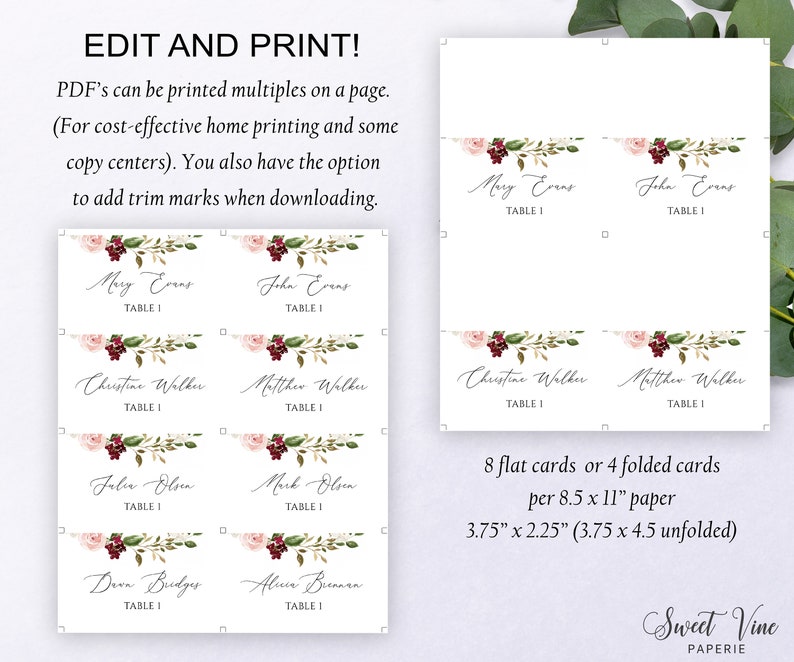 Place Card Template With Meal Icons Burgundy Wedding Place - Etsy