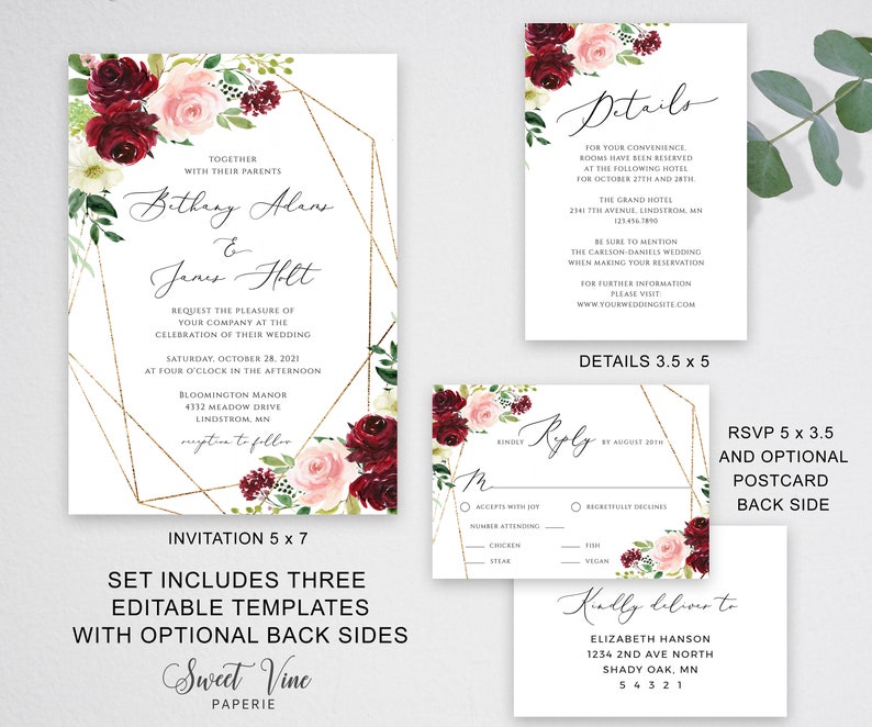 Burgundy Wedding Invitation Template Wedding Suite Wedding | Etsy