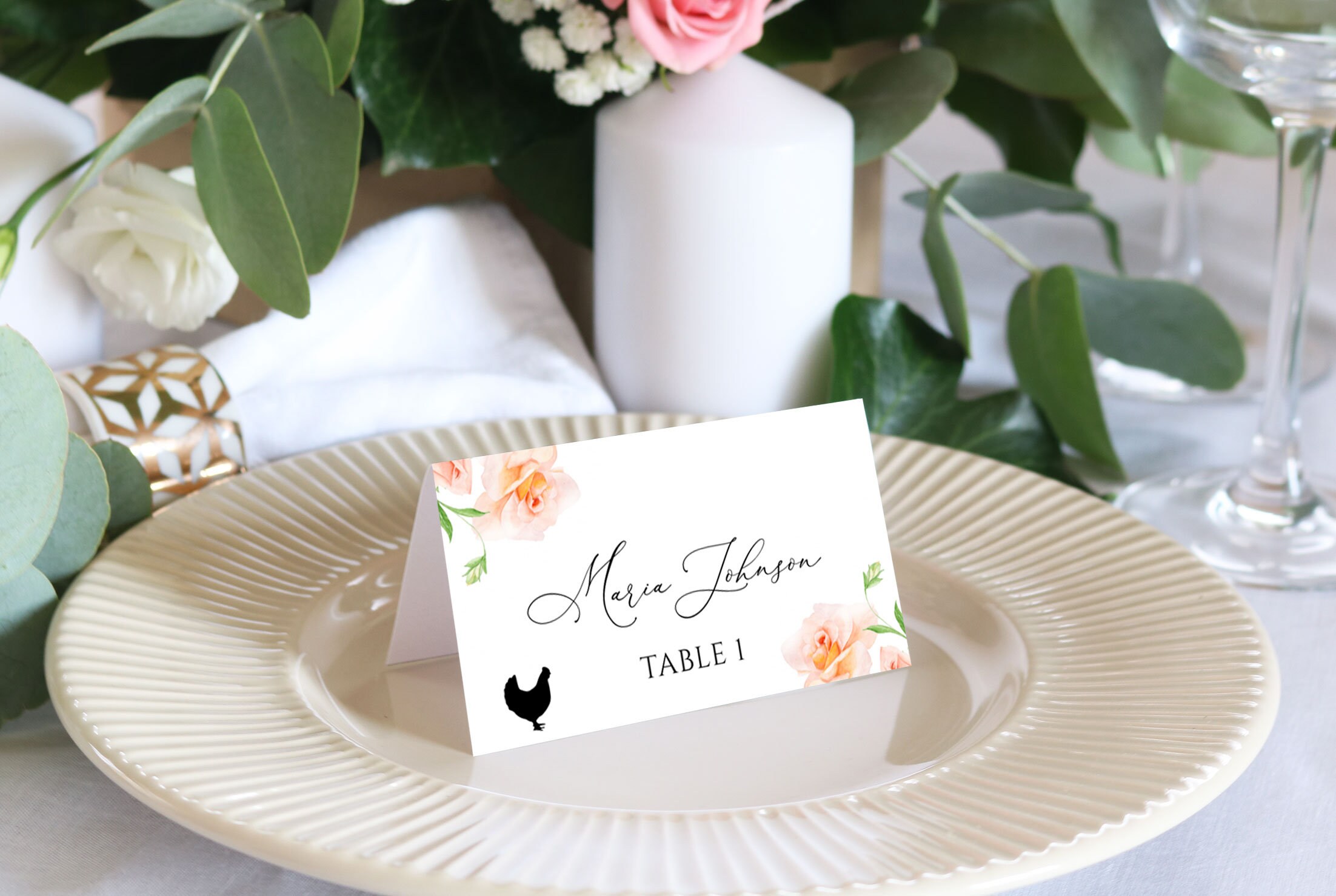 Place Card Template With Meal Icons, Peach Pink Wedding Place Cards ...
