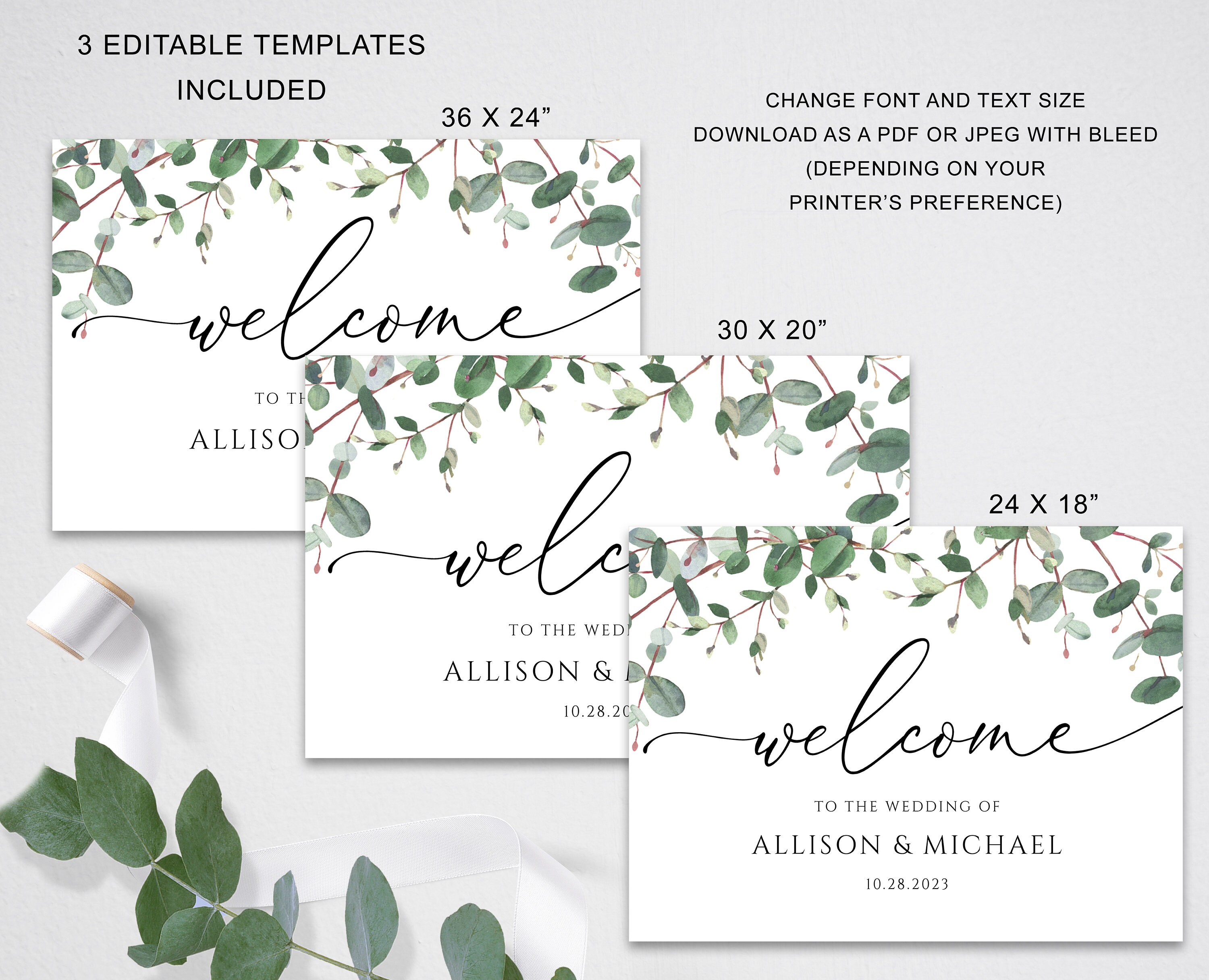 Eucalyptus Welcome Sign Template Wedding Welcome Sign - Etsy