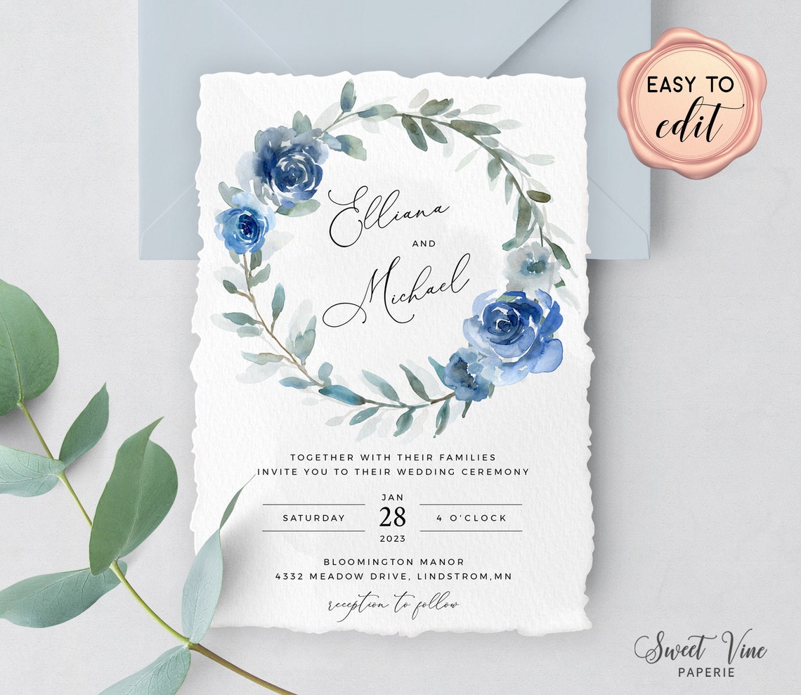 Blue Floral Wedding Invitation Wedding Invite Suite - Etsy