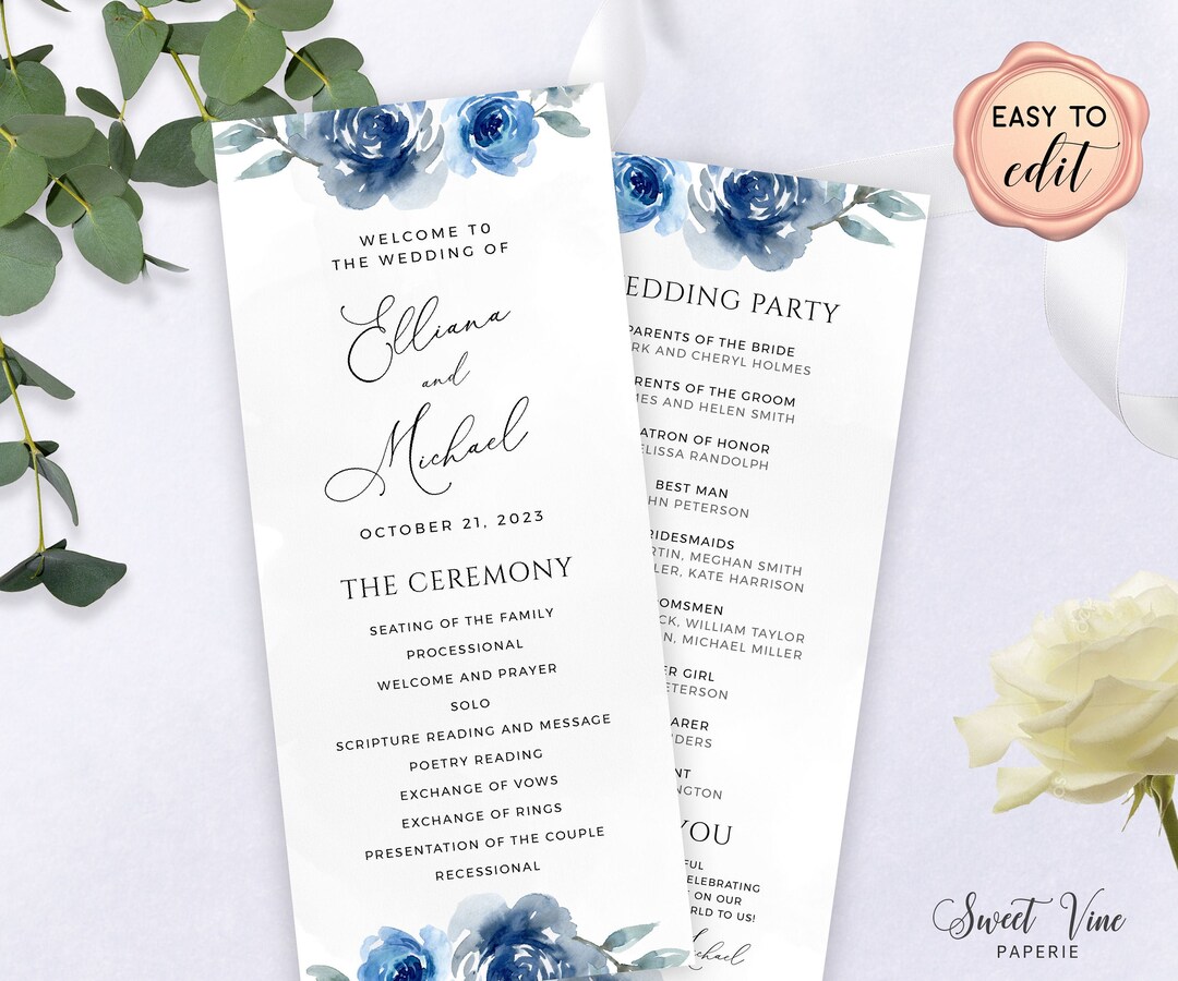 Wedding Program Template, Blue Floral Double Sided Wedding Program ...