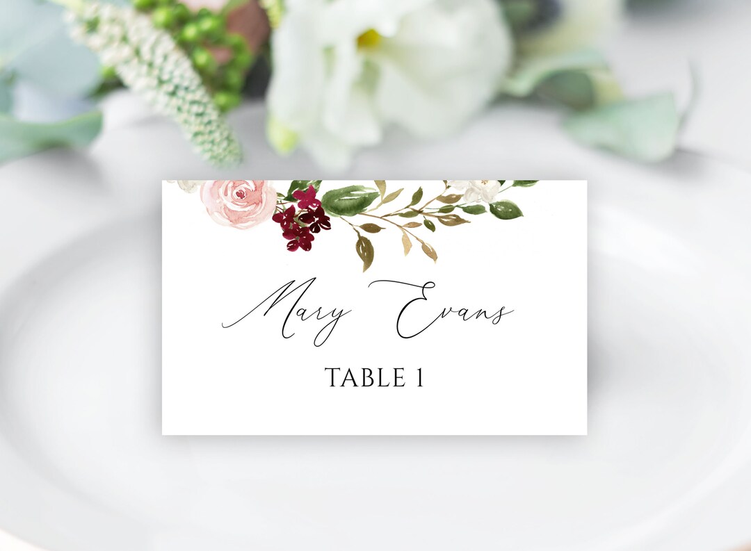 Place Card Template With Meal Icons, Burgundy Wedding Place Cards, Flat ...