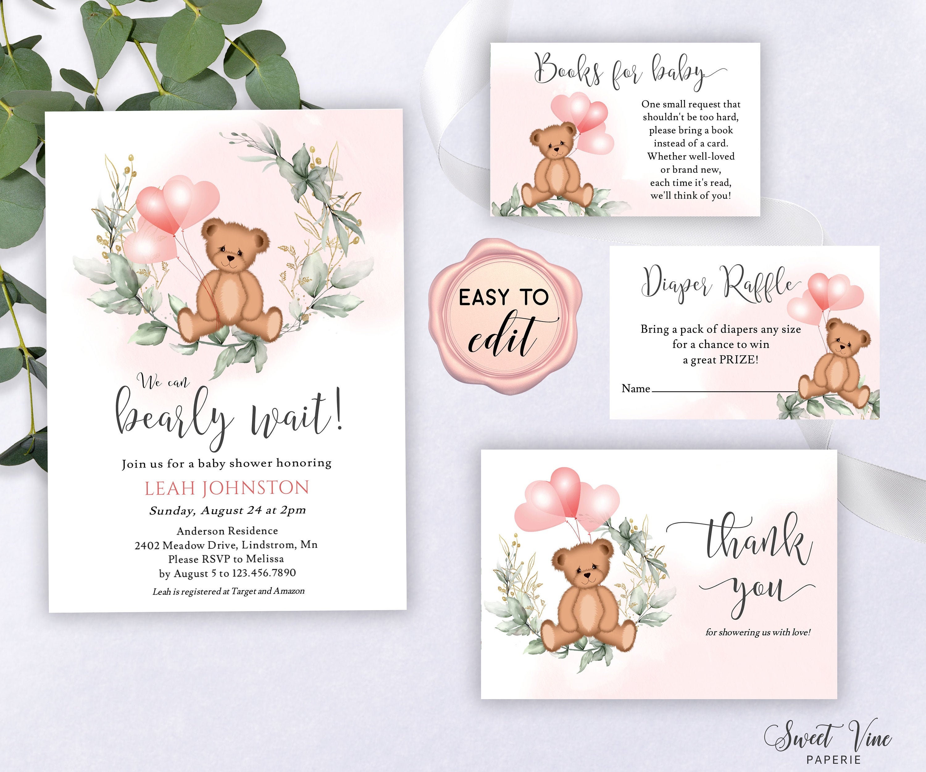 Pink Baby Shower Invite Set We Can Bearly Wait Girl Teddy | Etsy
